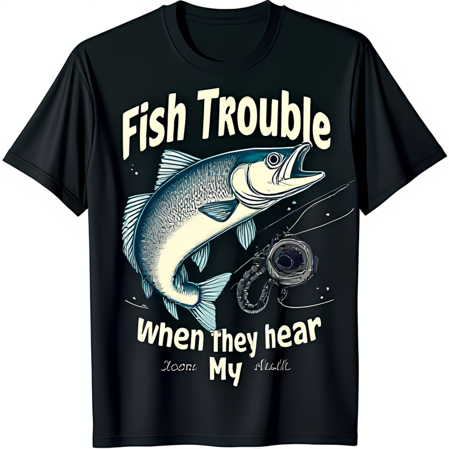 Black T-Shirt with Fish Graphic and Fish Trouble Text Lure Design ...