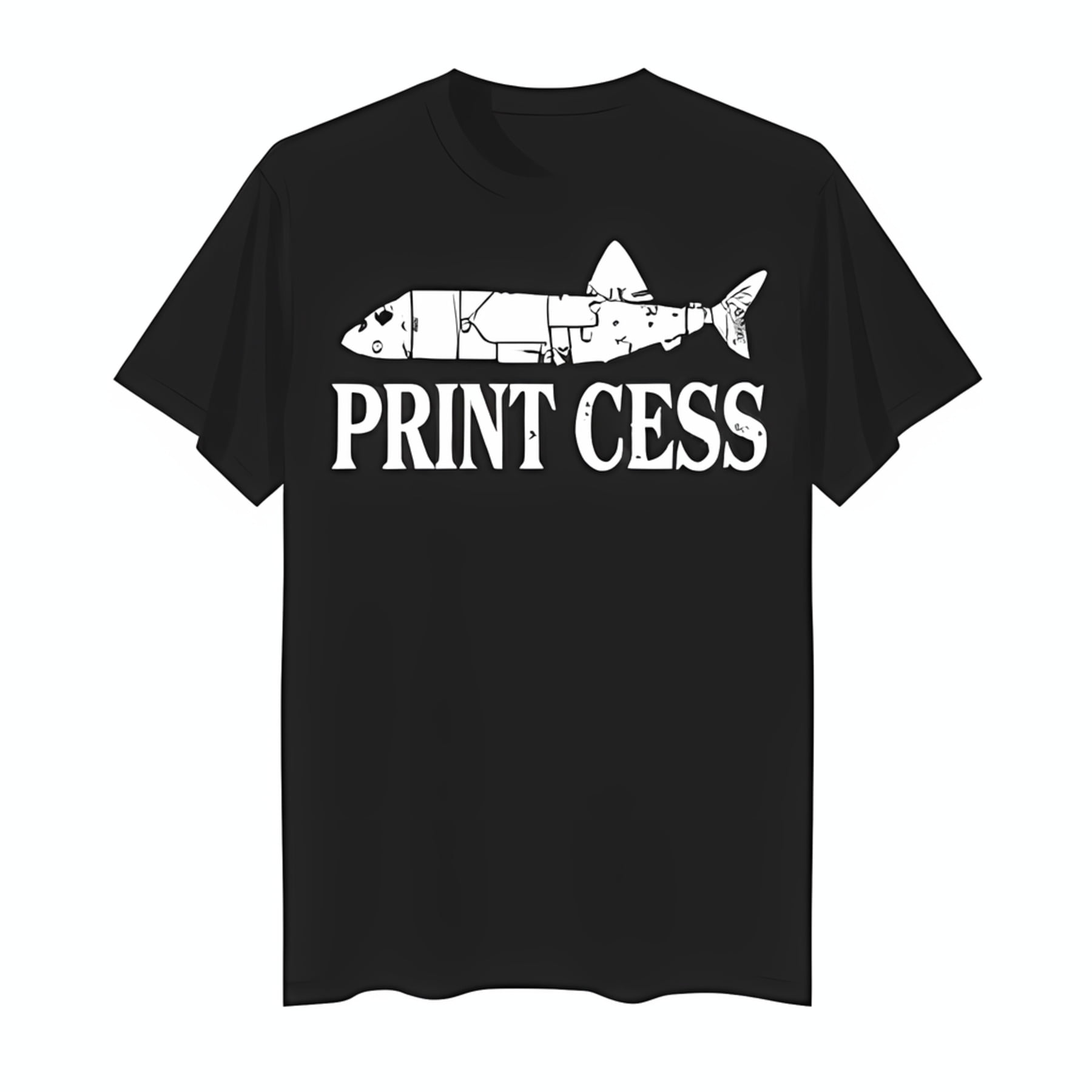 Black T-Shirt with Fish Graphic and 'Print Cess' Text Unique Design for ...