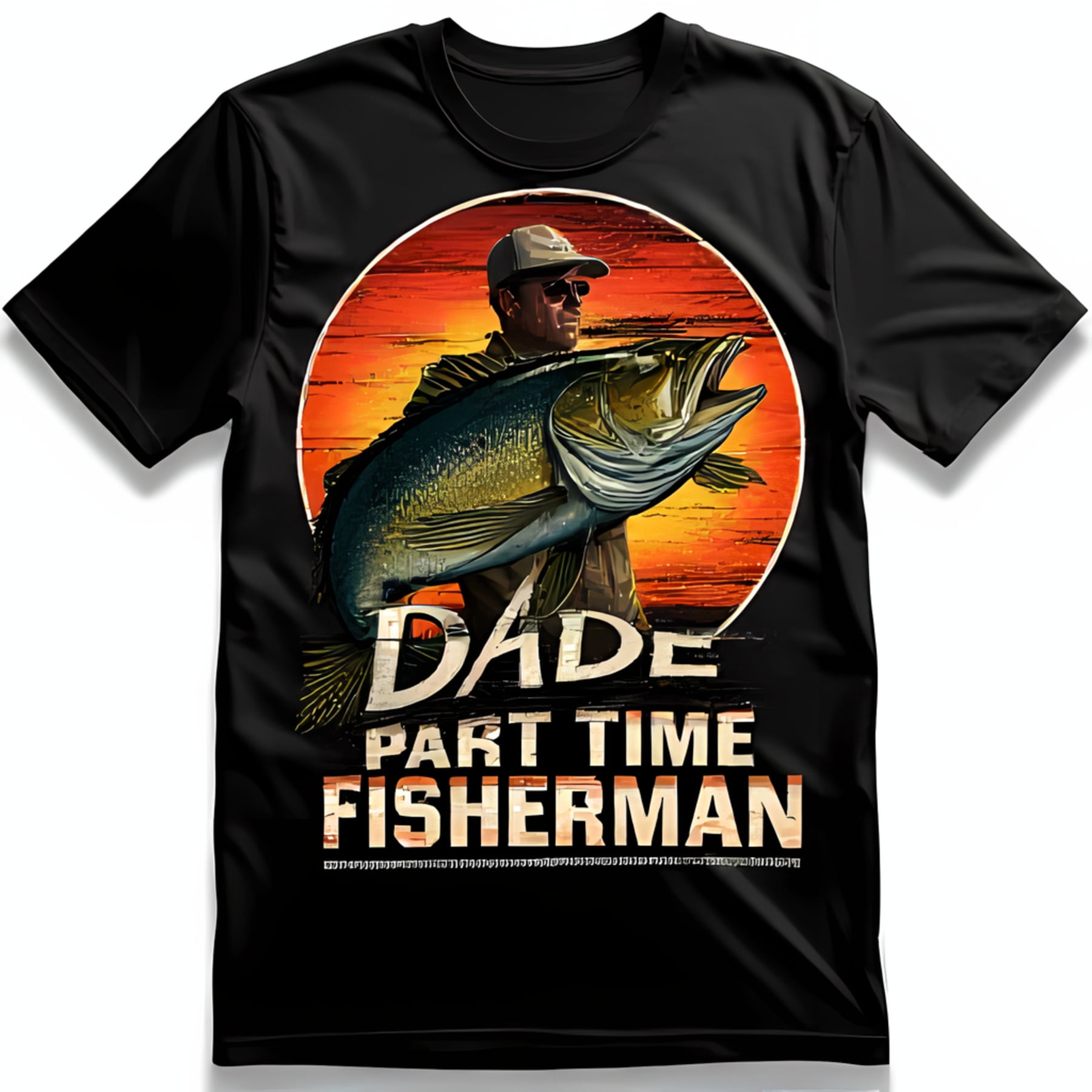 Black T-Shirt with Fisherman Graphic & Fiery Sunset Part Fisherman ...