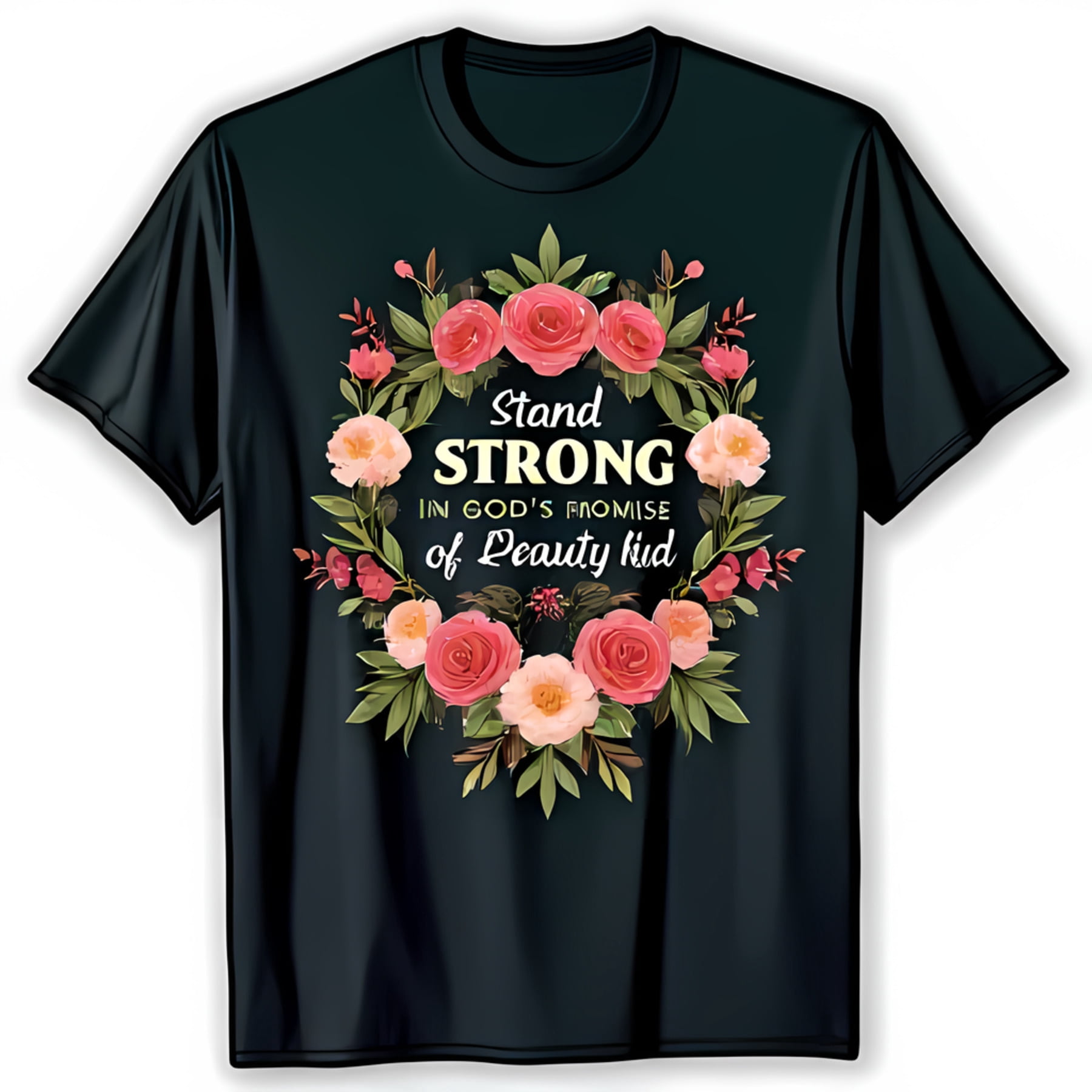 Black T-Shirt with Floral Design & 'Stand Strong In God's Promise ...