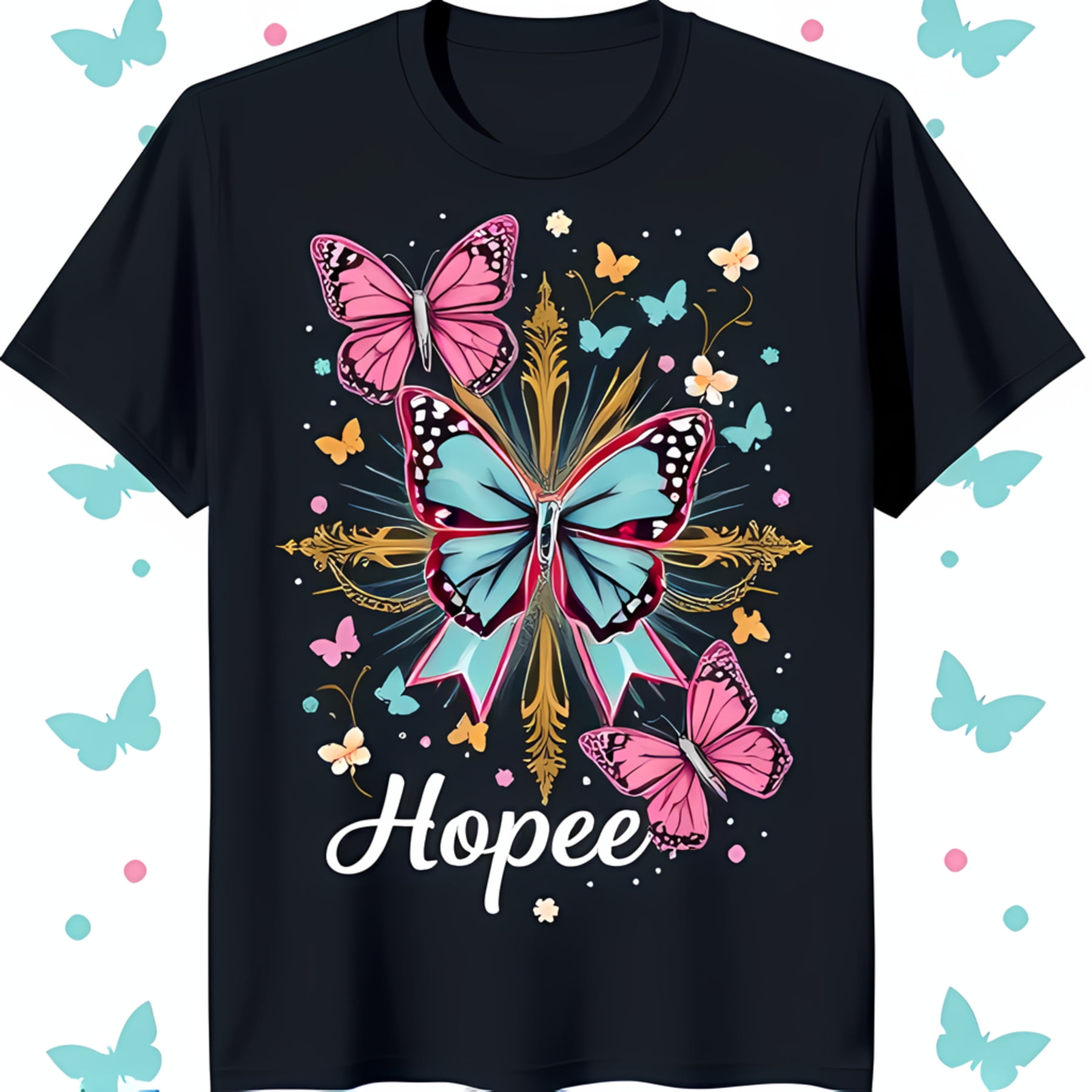 Black T-Shirt with Floral Design and Colorful Butterflies Hope Graphic Tee - Walmart.com