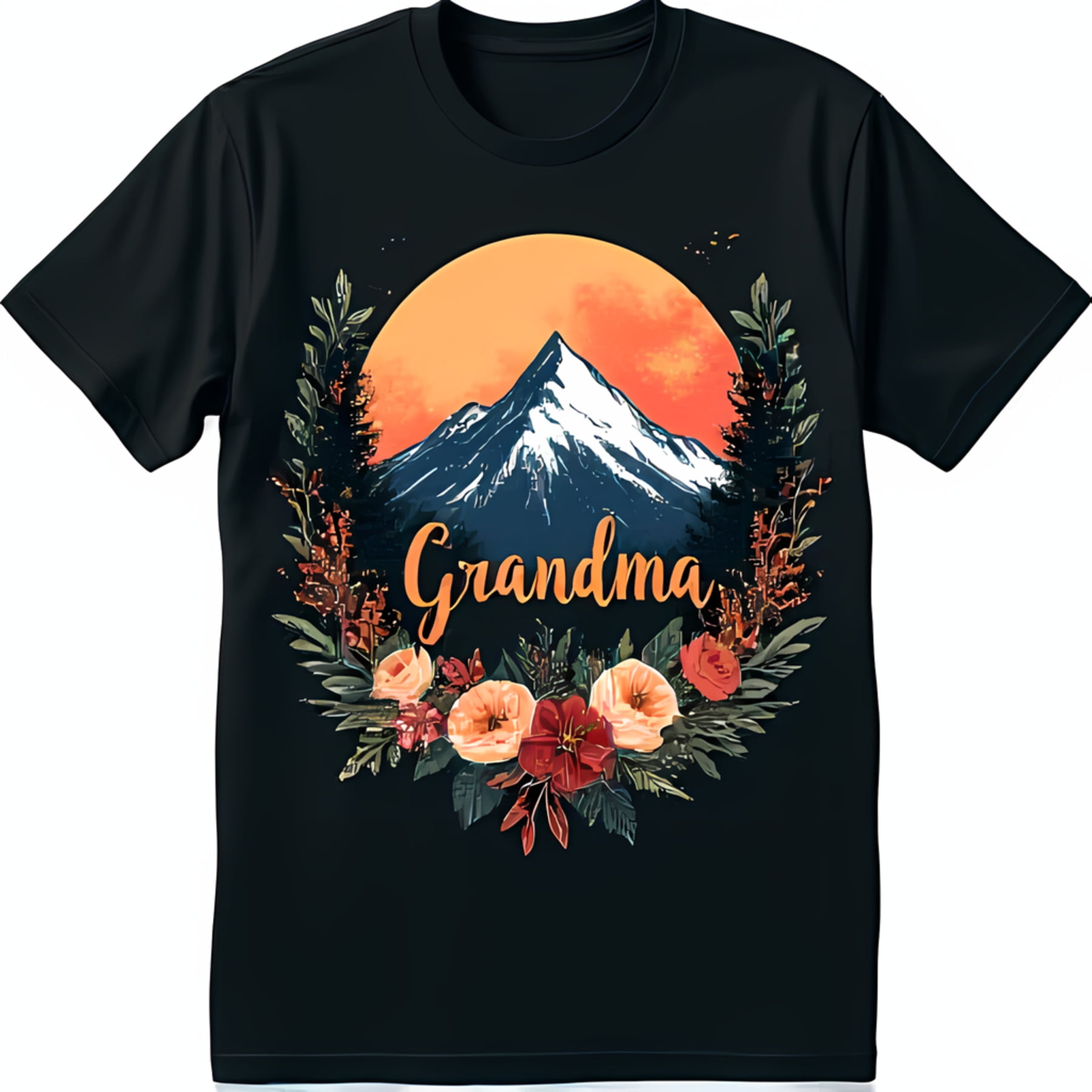 Black T-Shirt with Floral Mountain Sunset Design & 'Grandma' in Cursive ...