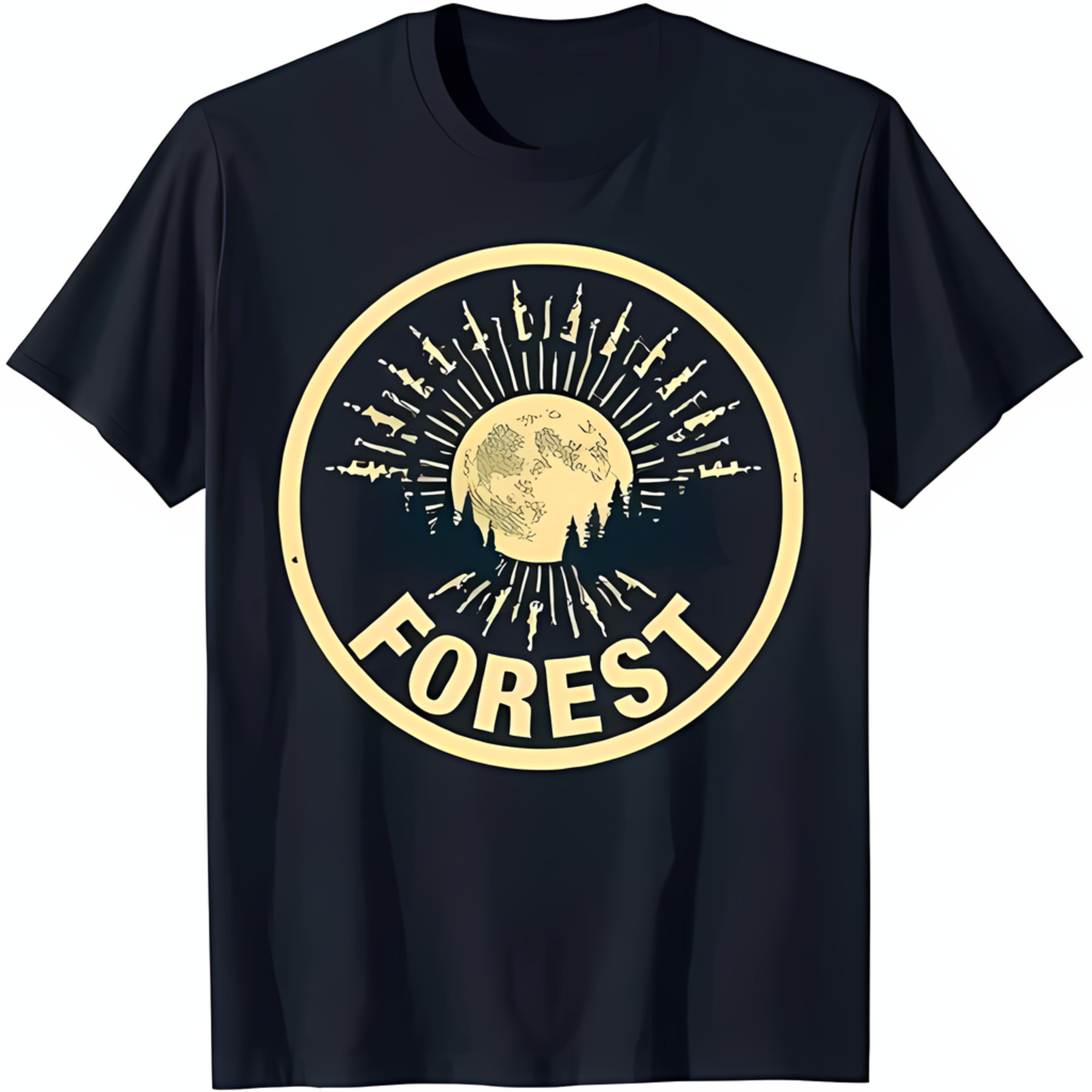 Black T-Shirt with Full Moon and Tree Design 'FOREST' Banner Muted ...