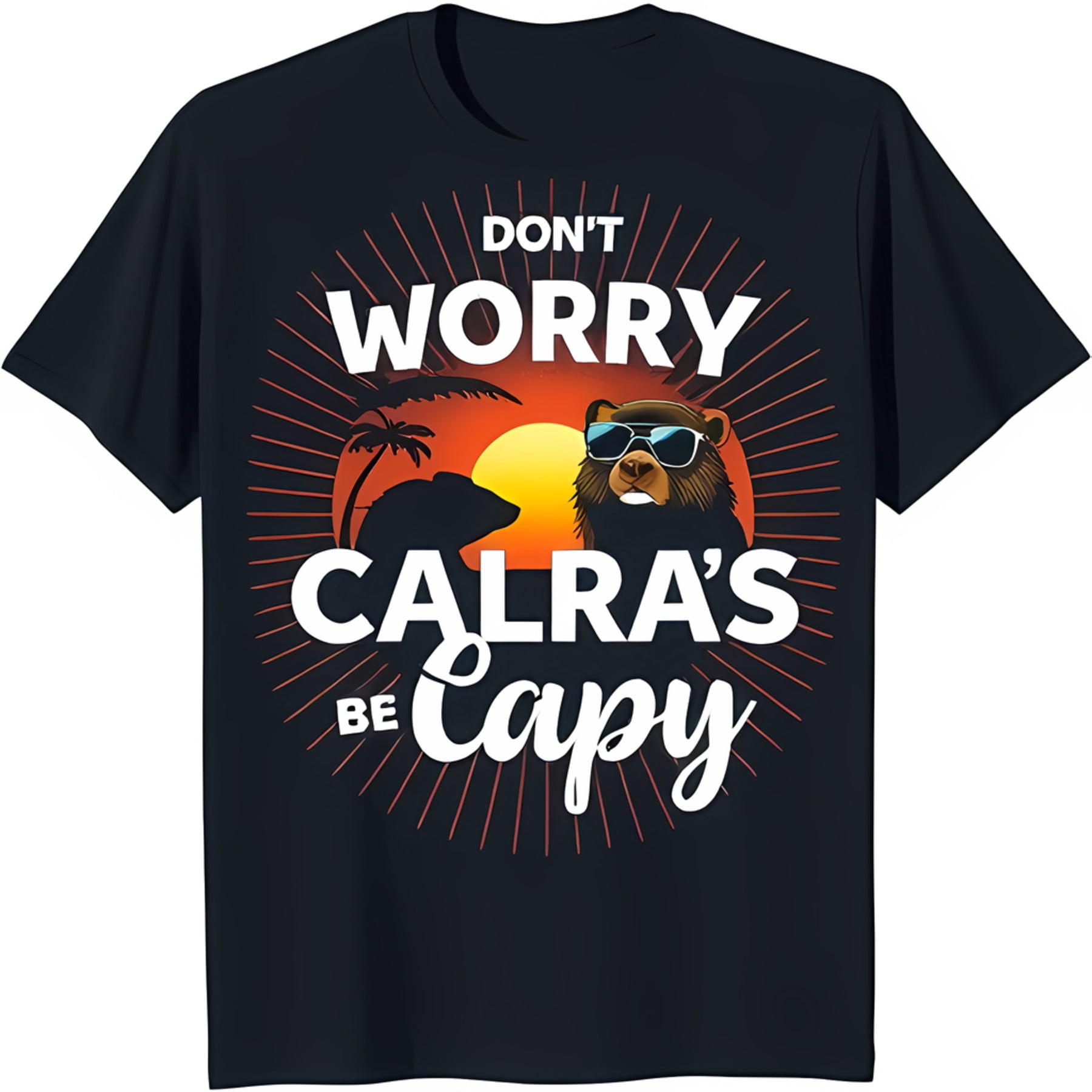 Black T-Shirt with Fun Bear in Sunglasses & Capybara Beach Design 'Don ...