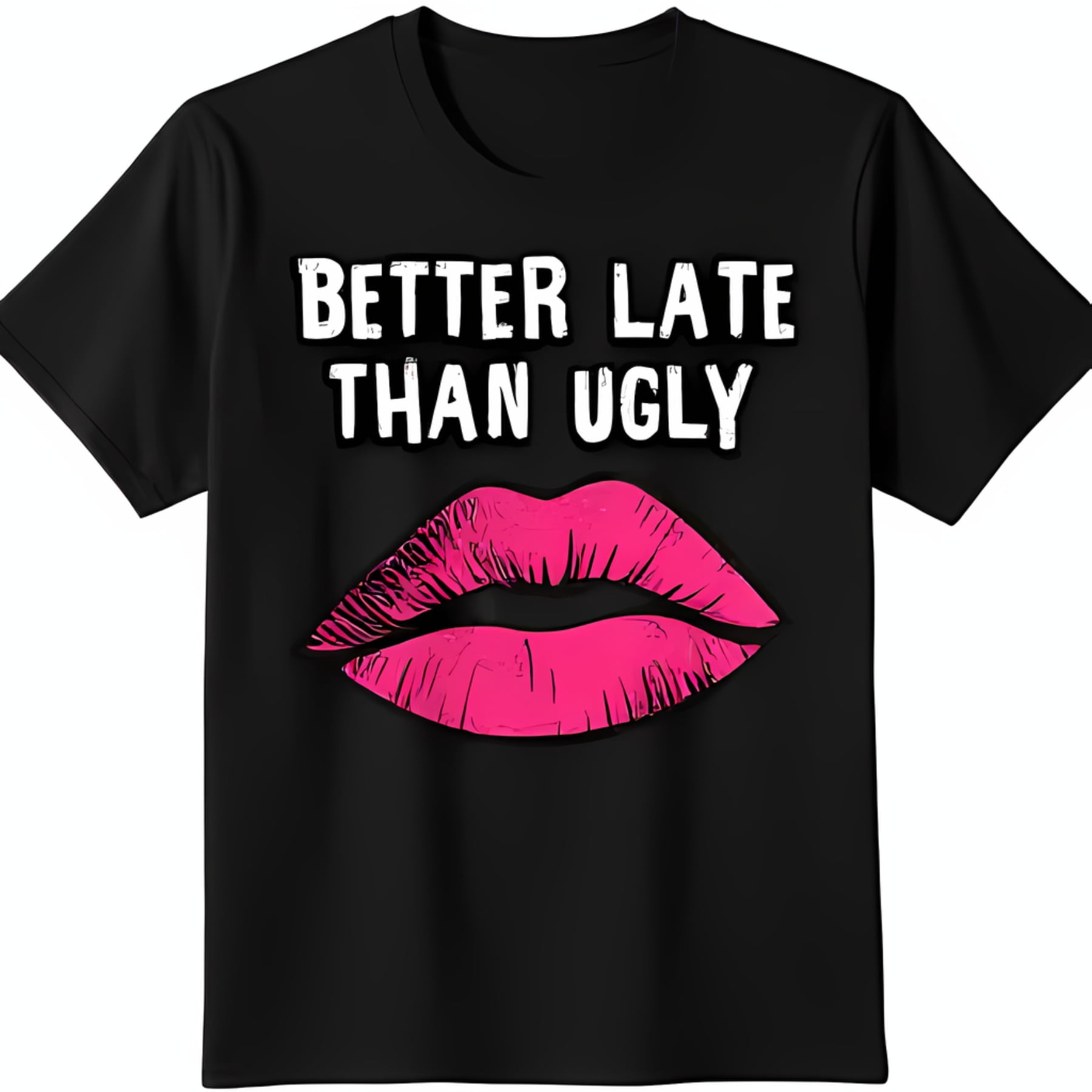 Black T-Shirt with Fun 'Better Late Than Ugly' Graphic & Design ...