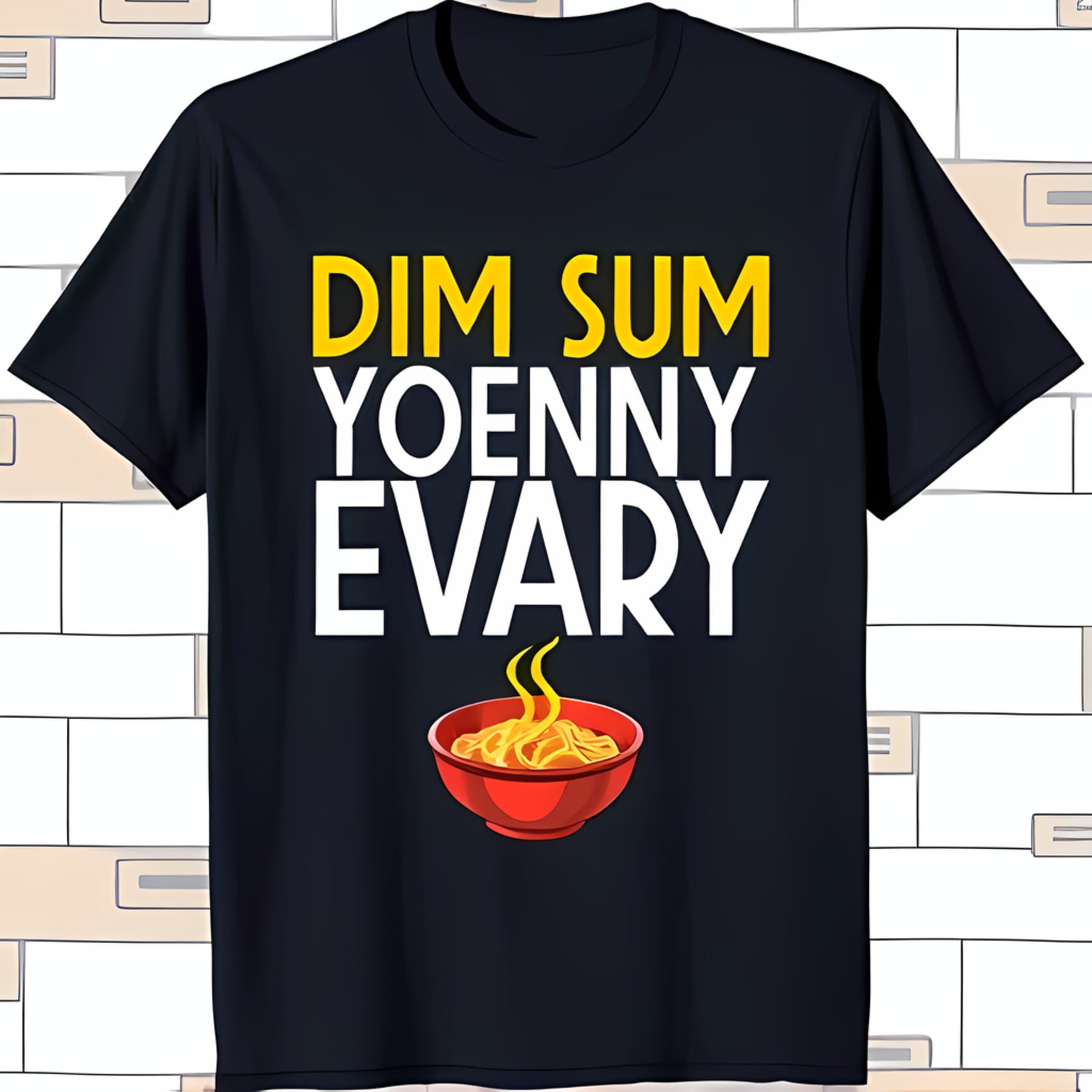 Black T-Shirt with Fun 'Dim Sum Yoenny Evary' Graphic & Noodle Design ...