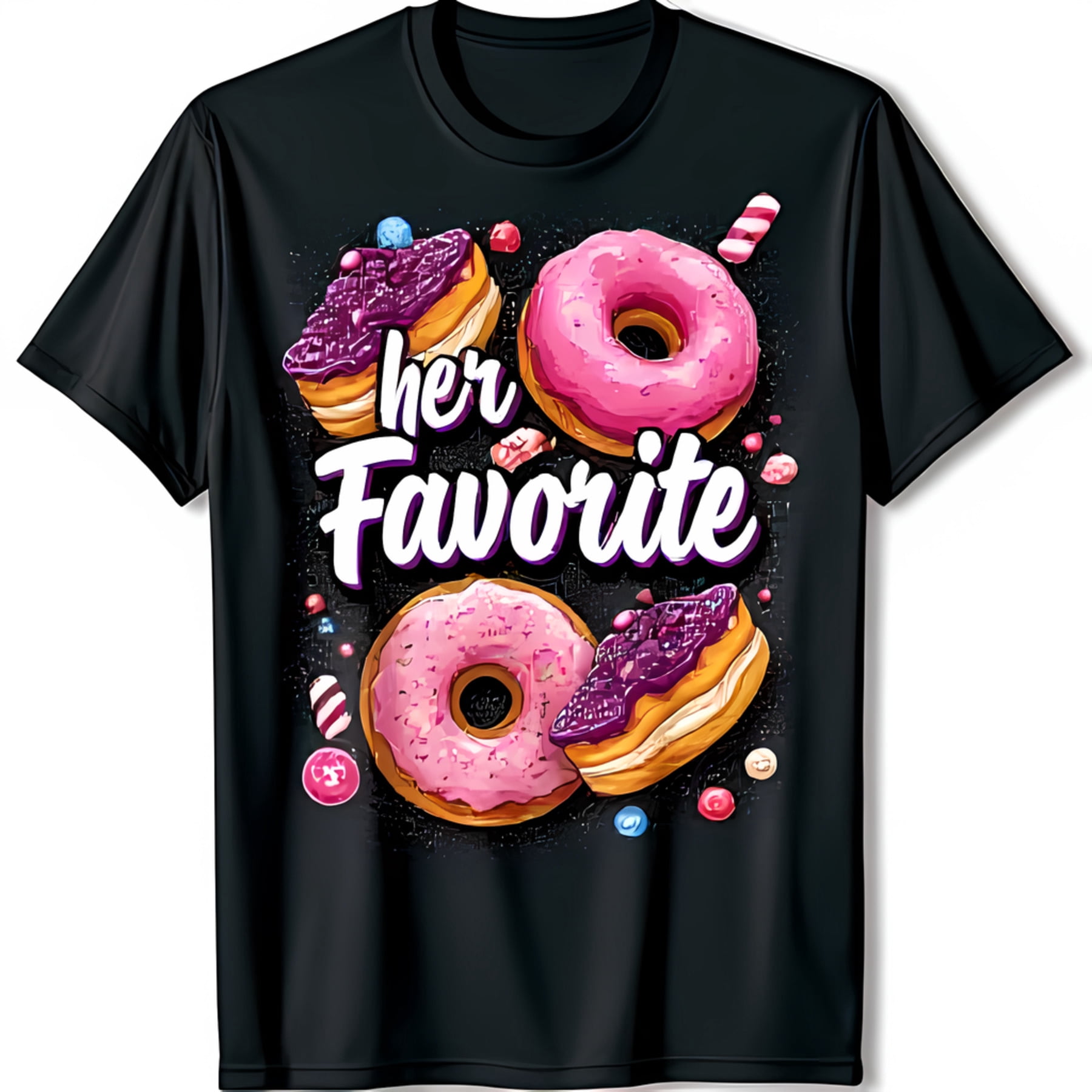 Black T-Shirt with Fun Donut Graphic: Her Favorite in Bold Cursive ...