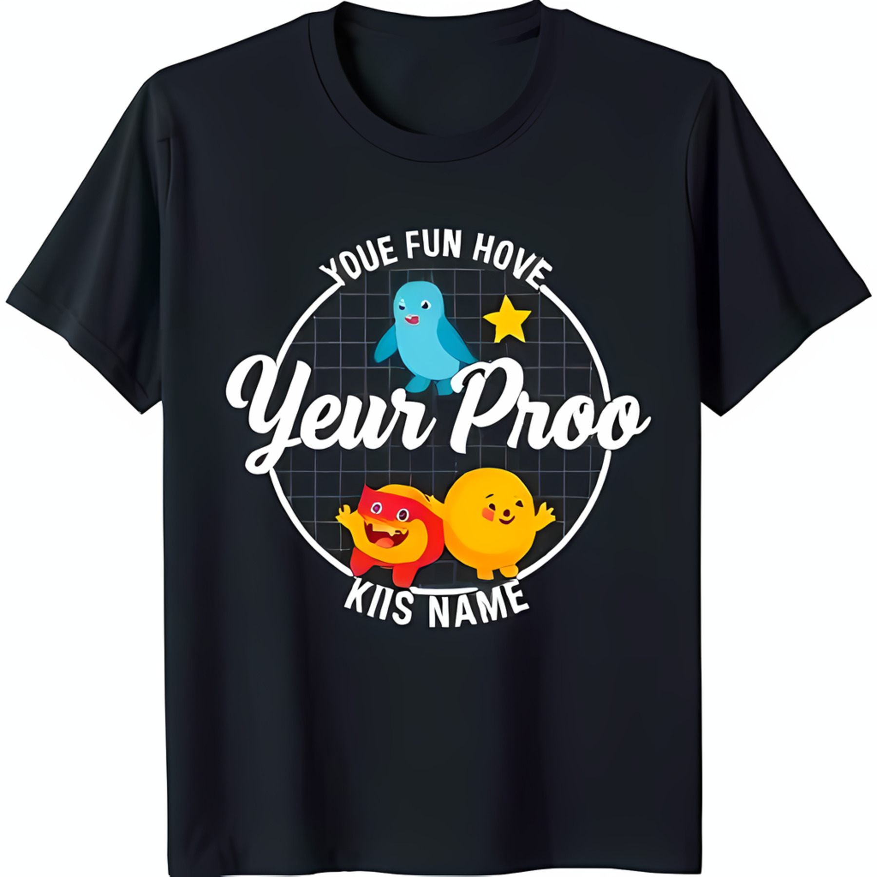 Black T-Shirt with Fun Graphic: Cartoon Characters Pattern & Star ...