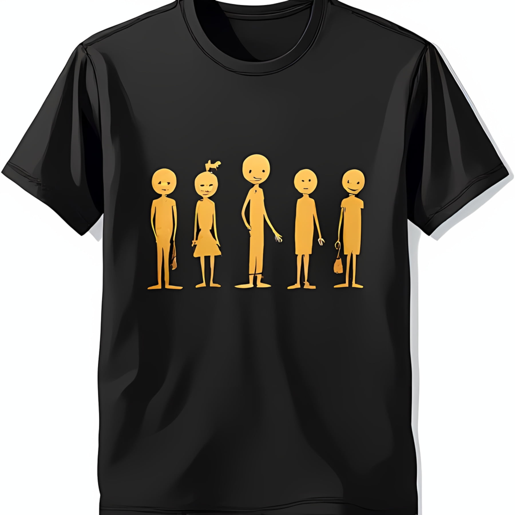 Black T-Shirt with Fun Graphic of Seven Yellow Stick Figures in a Line ...