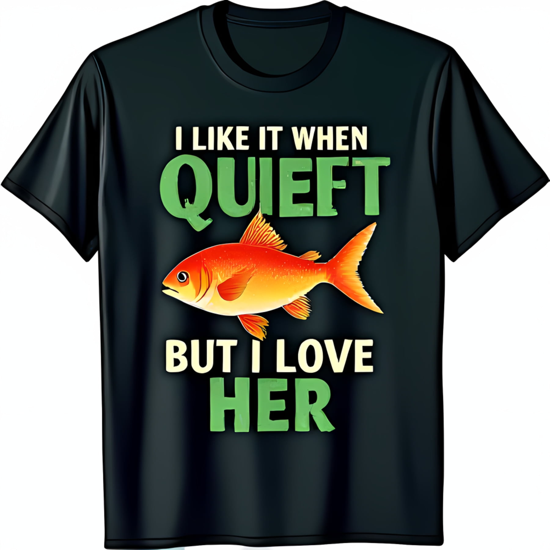 Black T-Shirt with Fun 'I Like It When QUIET' Graphic & Fish Design ...