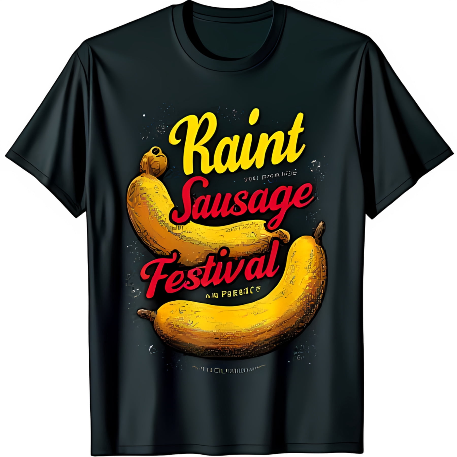 Black T-Shirt with Fun Raint Sausage Festival Graphic Unique Shaped ...