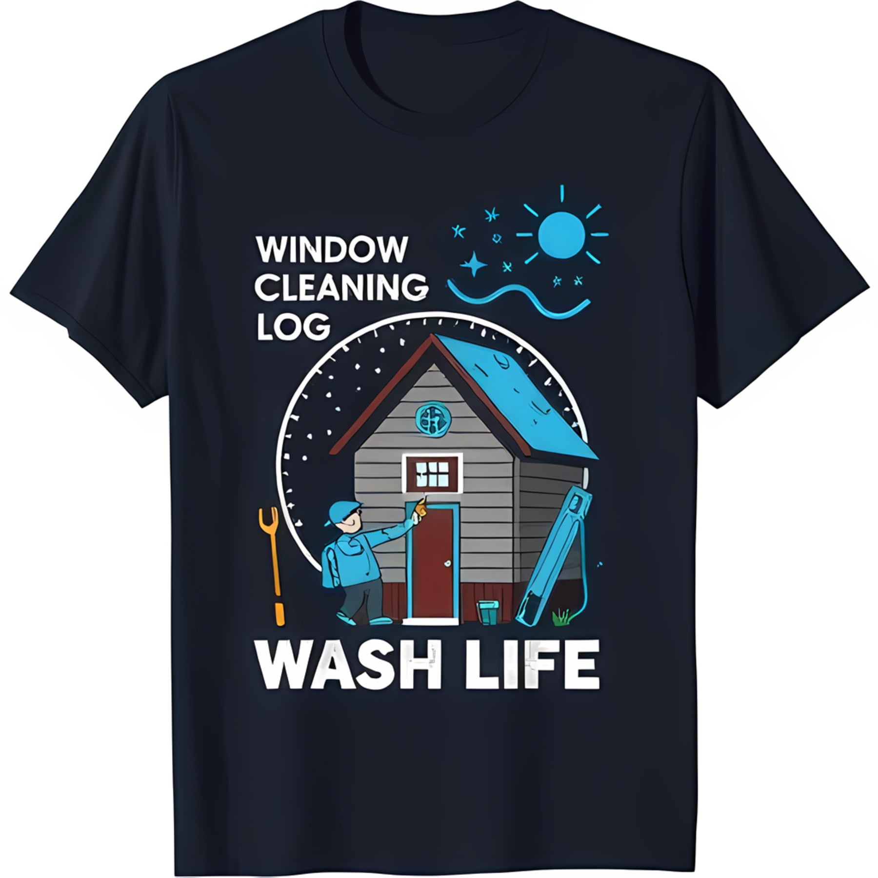 Black T-Shirt with Fun Window Cleaning Cartoon Graphic 'Wash Life ...