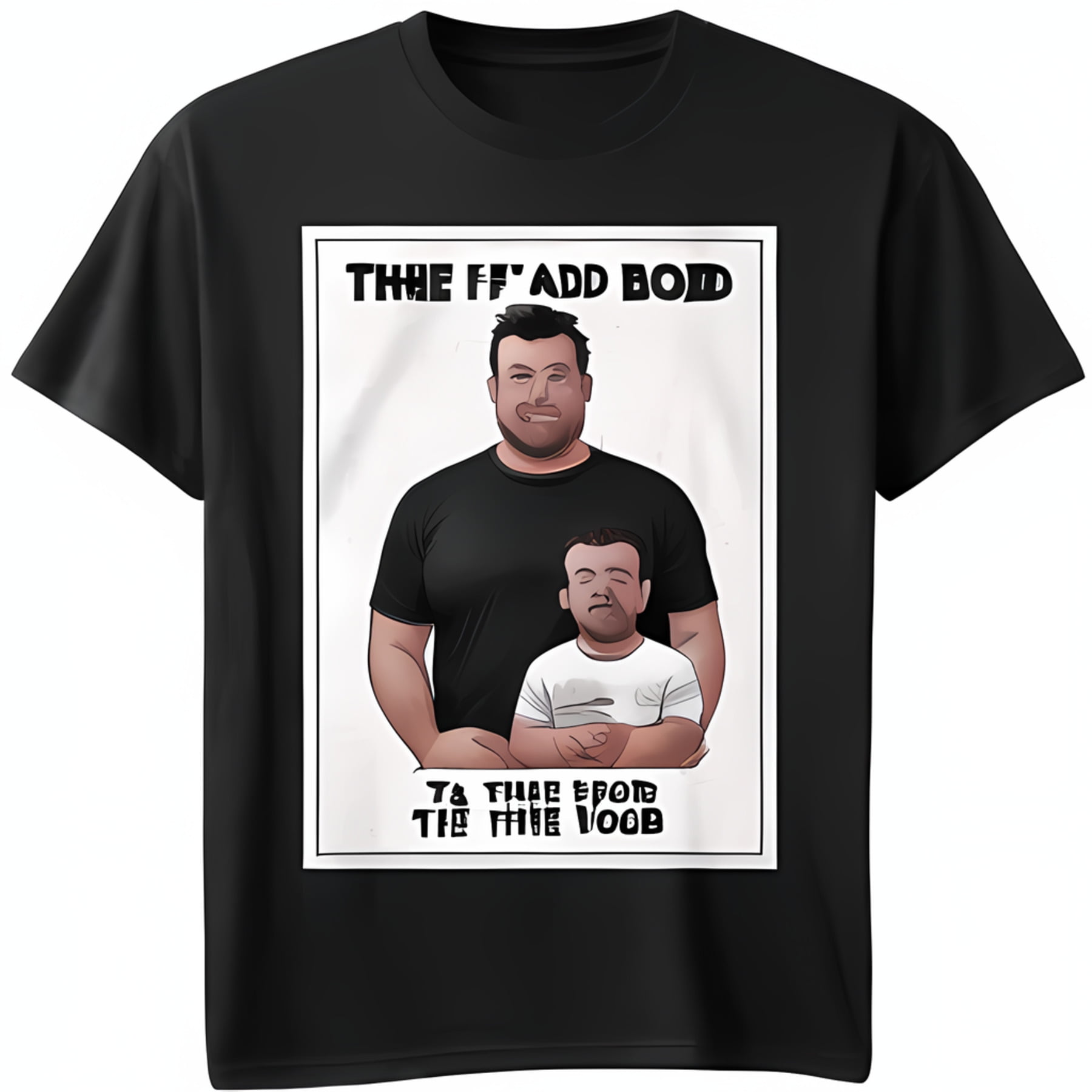 Black T-Shirt with Funny Cartoon of Obese Man & Son by Isaac Addy ...