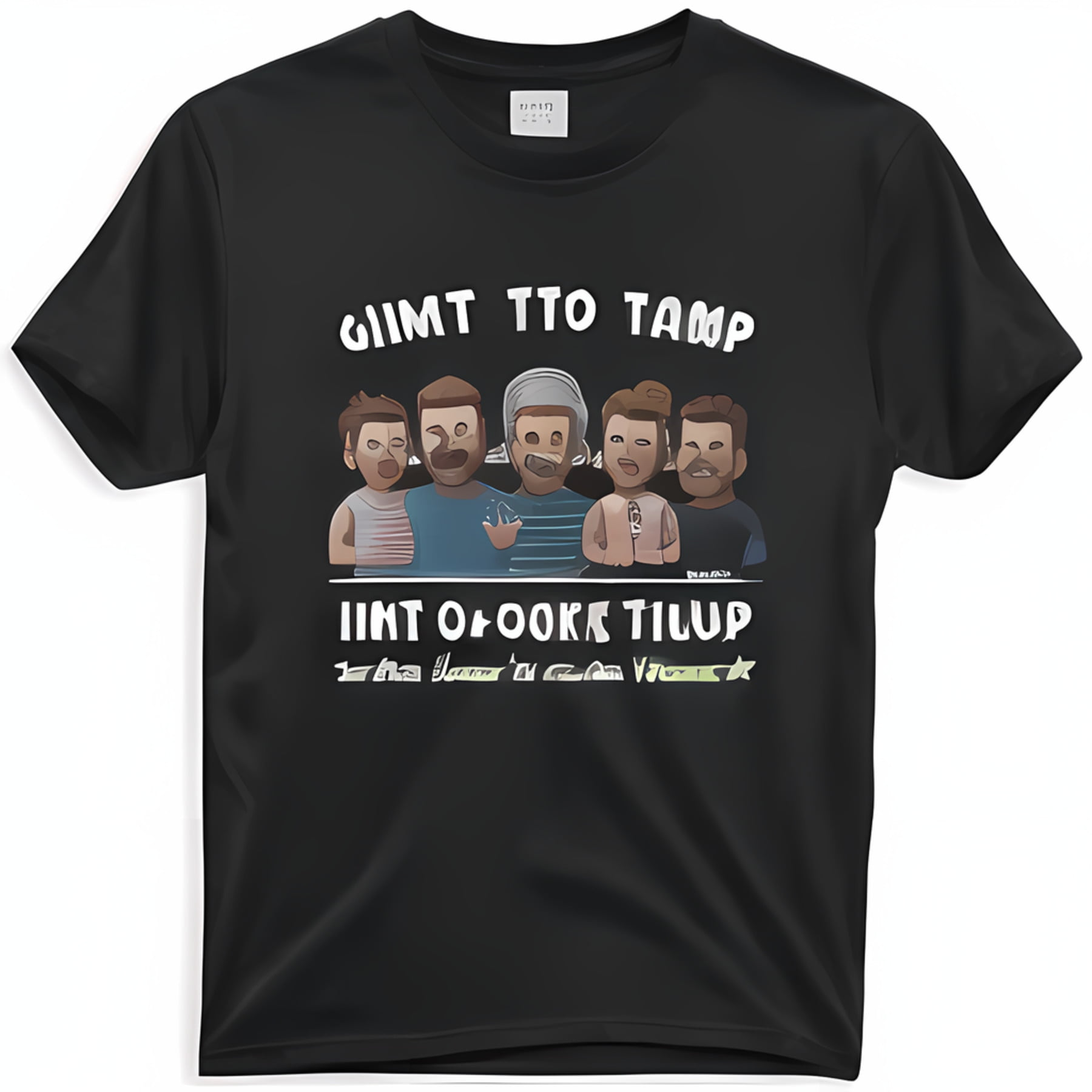 Black T-Shirt with 'G='%O VOLK TLECTION' Cartoon Design of Five Men Filming Typography 'Stil ...