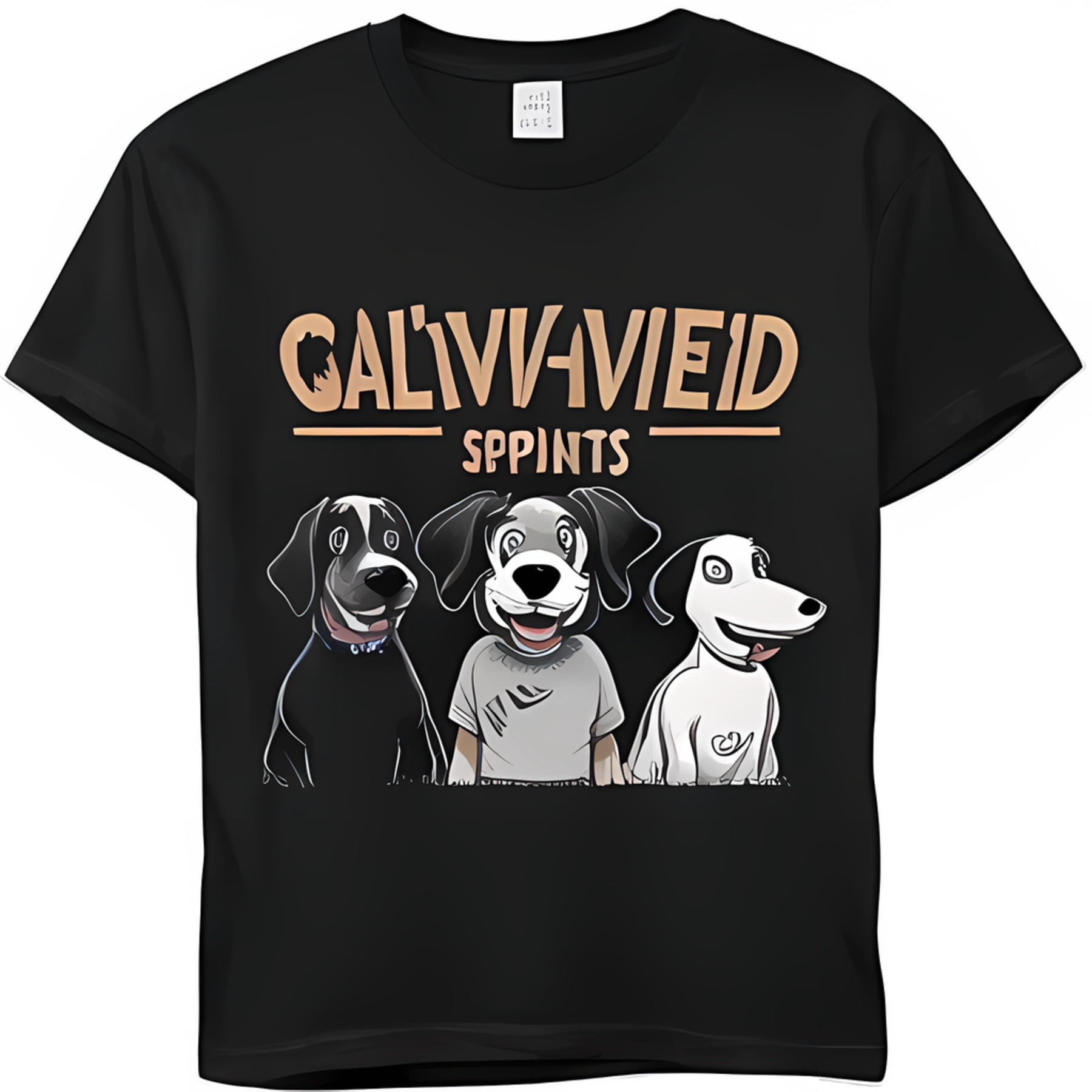 Black T-Shirt with 'GALVANID typo SVariety' Text & 3 Cartoon Dogs in 'S ...