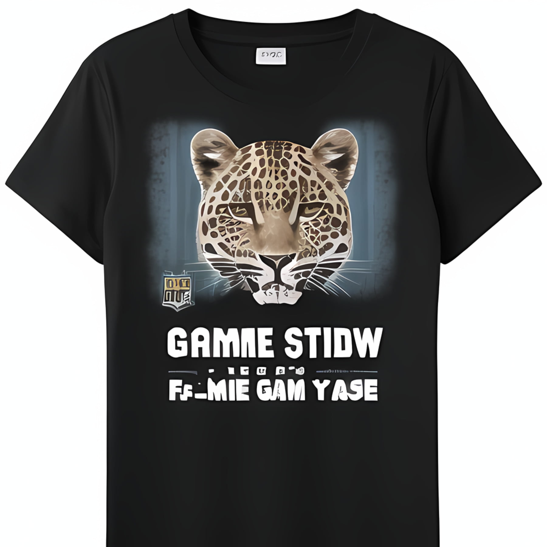 Black T-Shirt with 'GAMIE STD' and Leopard Illustration Front View t ...