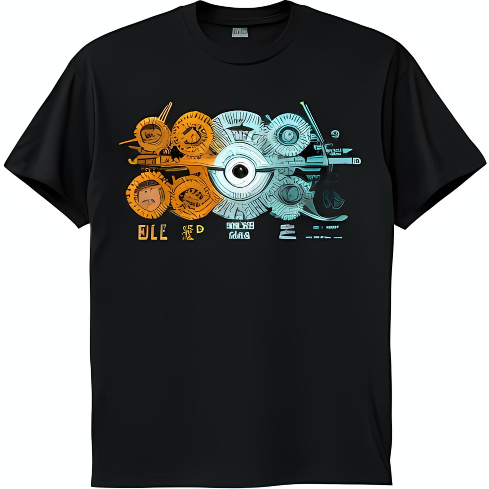Black T-Shirt with Gear and Cog Graphic Design Blue Teal Gold and OLD ...