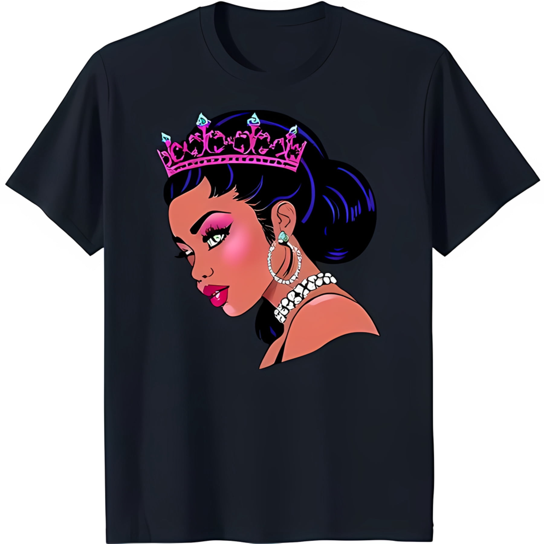 Black T-Shirt with Glamorous Woman Graphic Pink Crown & Earrings ...