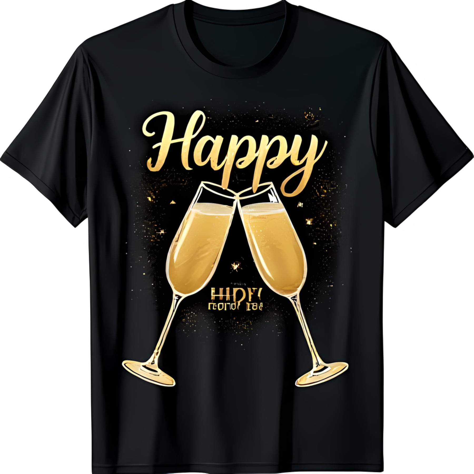Black T-Shirt with Glittering Champagne Flutes & Happy New Year Design ...