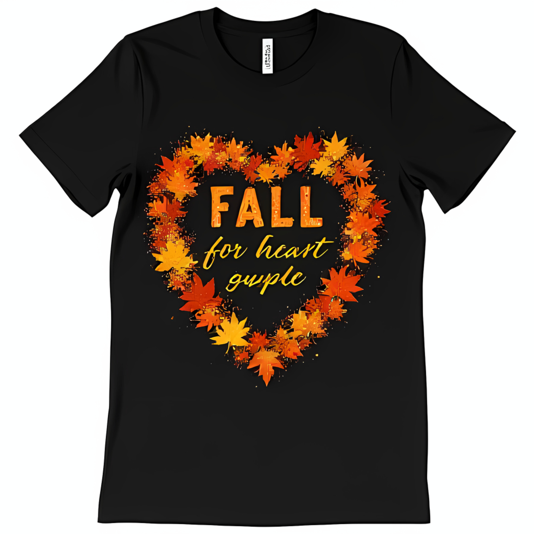 Black T-Shirt with Glittery Heart Design of Leaves in & Yellow 'FALL ...