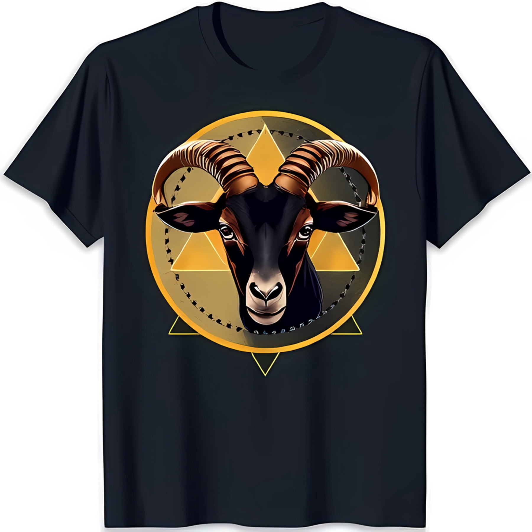 Black T-Shirt with Goat Head Design in Yellow Circle and Overlay ...