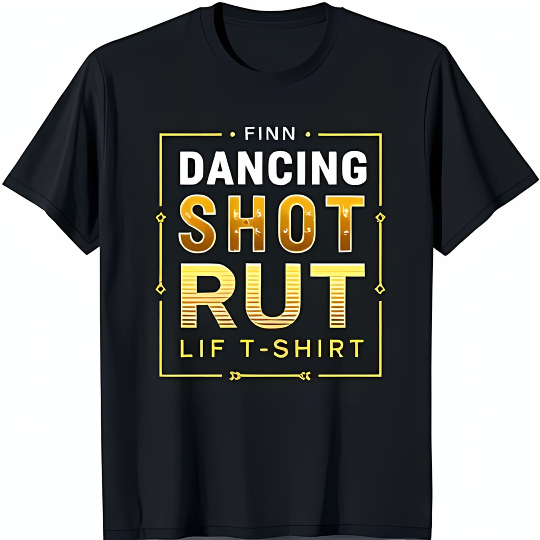 Black T-Shirt with Gold Border Rectangle Design 'Finn Dancing Shot Rut ...