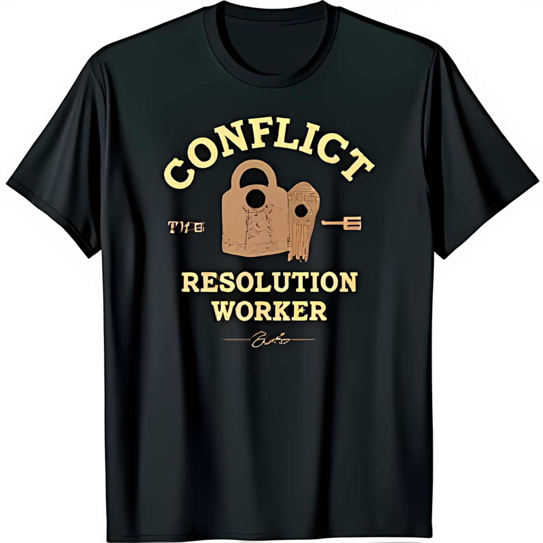 Black T-Shirt with Gold CONFLICT THE RESOLUTION WORKER Graphic ...