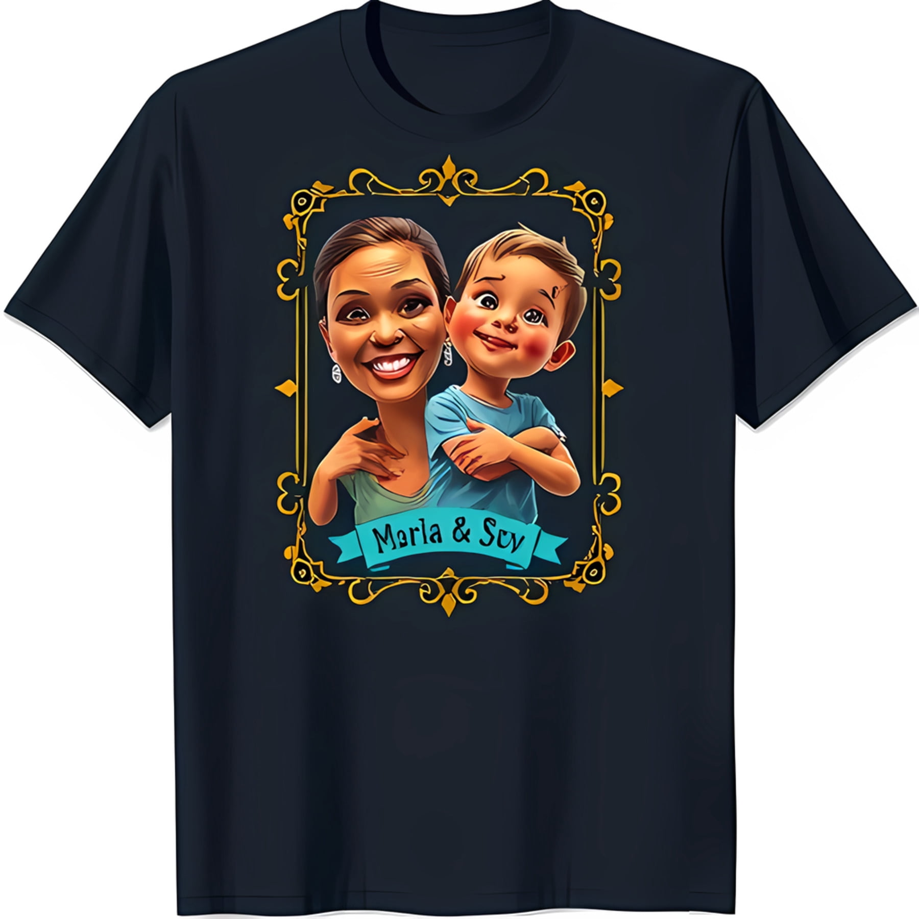 Black T-Shirt with Gold Cartoon of Woman & 'Marla & Sey' Design ...