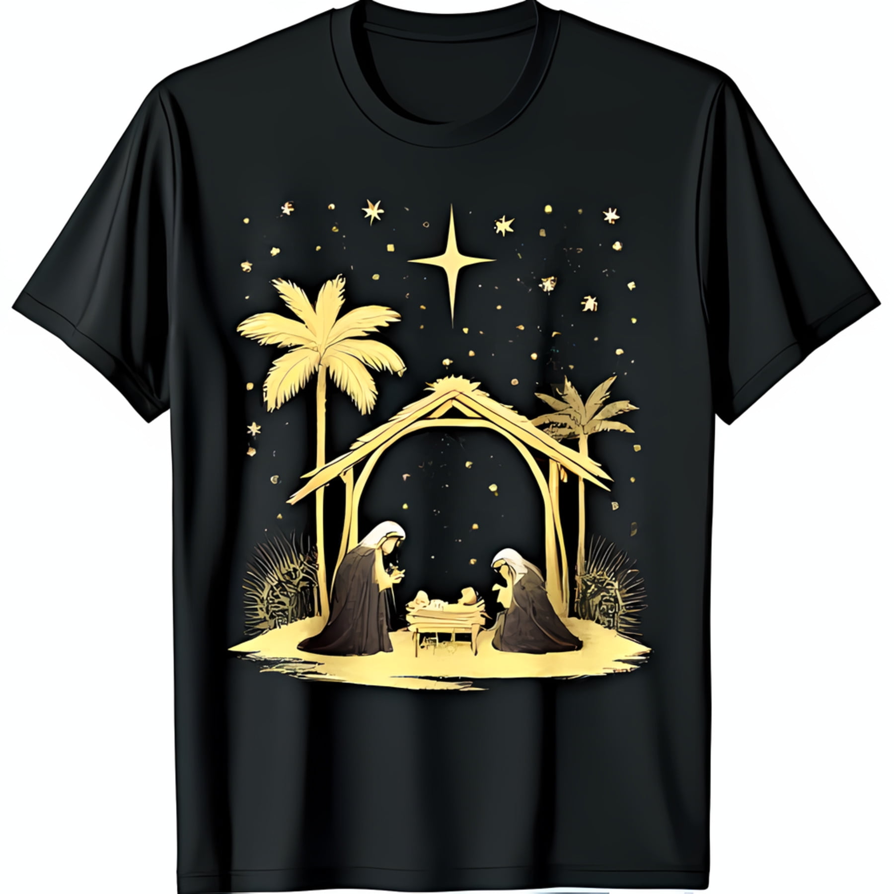 Black T-Shirt with Gold Christmas Nativity Scene Graphic Short Sleeve ...