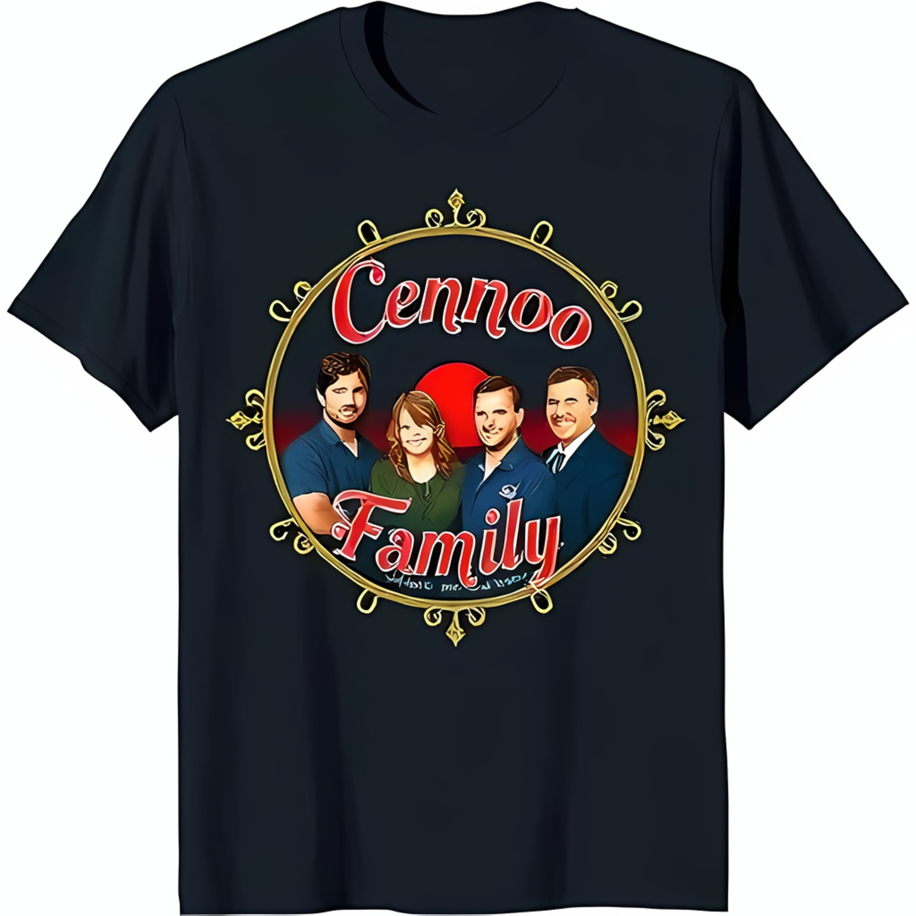 Black T-Shirt with Gold Circle 'Cennoo Family' Cursive Font & Family of ...