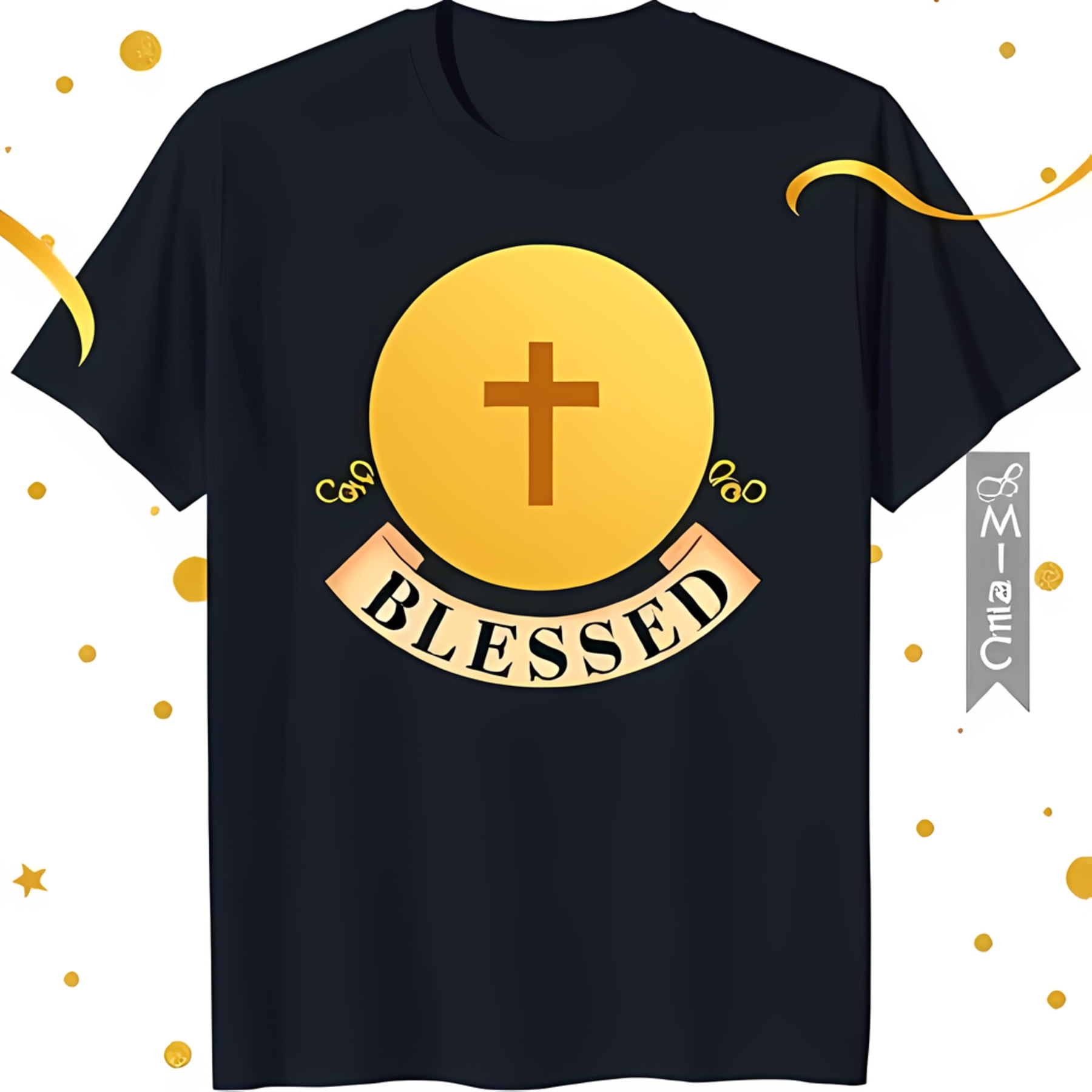 Black T-Shirt with Gold Circle Design & 'Blessed' Scroll Graphic ...