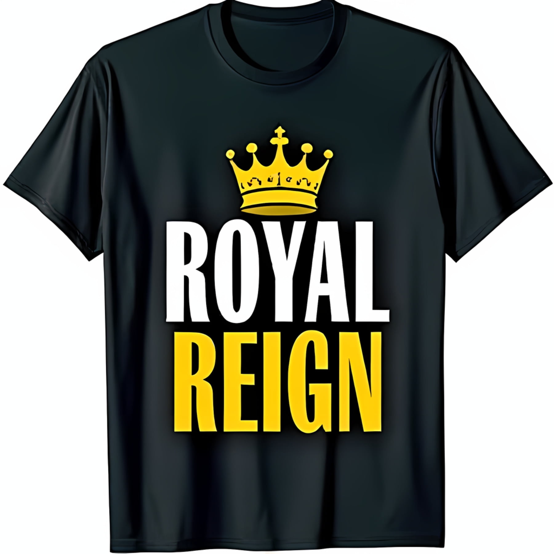 Black T-Shirt with Gold Crown Graphic & 'Royal Reign' Text Authority ...