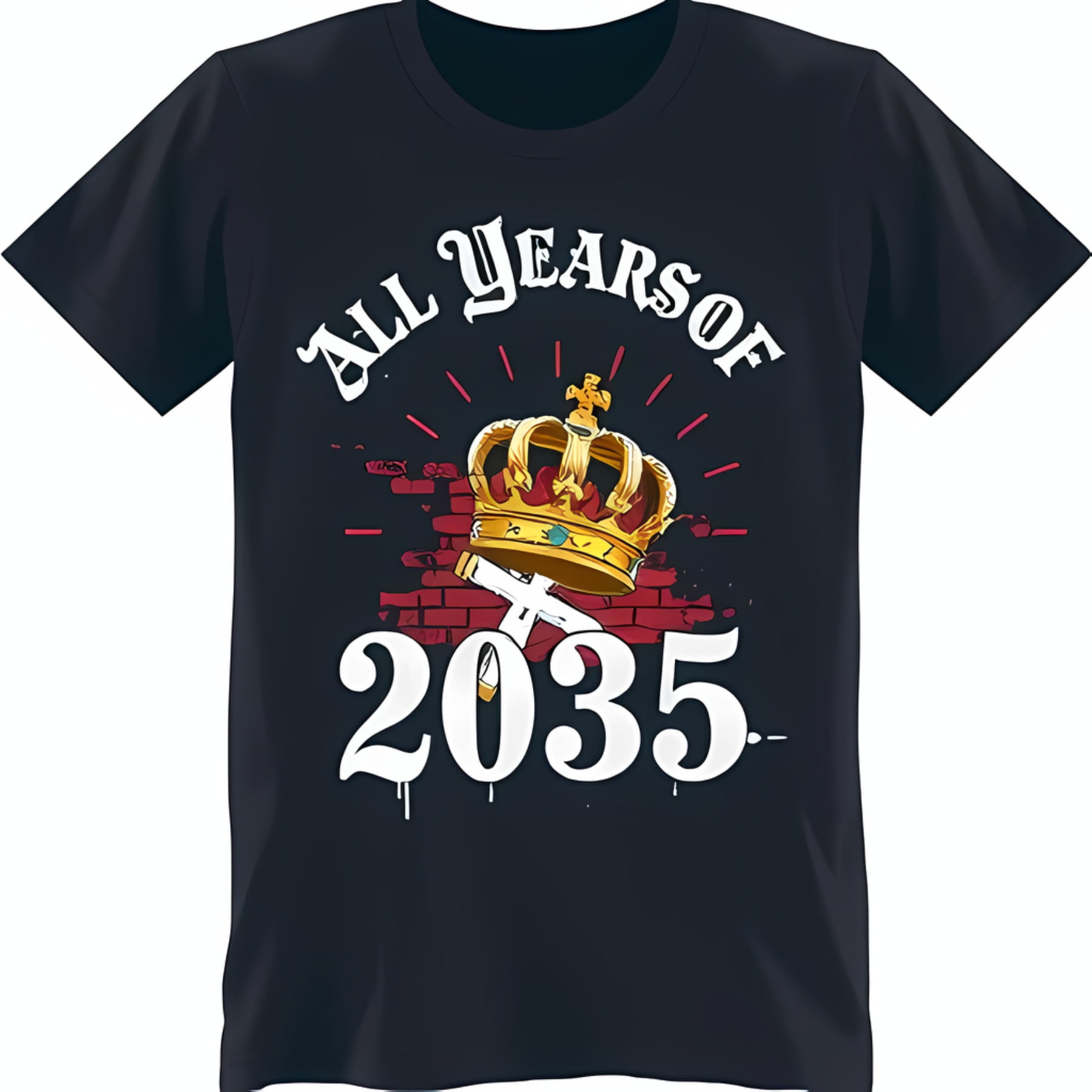 Black T-Shirt with Gold Crown Graphic on Red Brick Wall Timeless Design ...