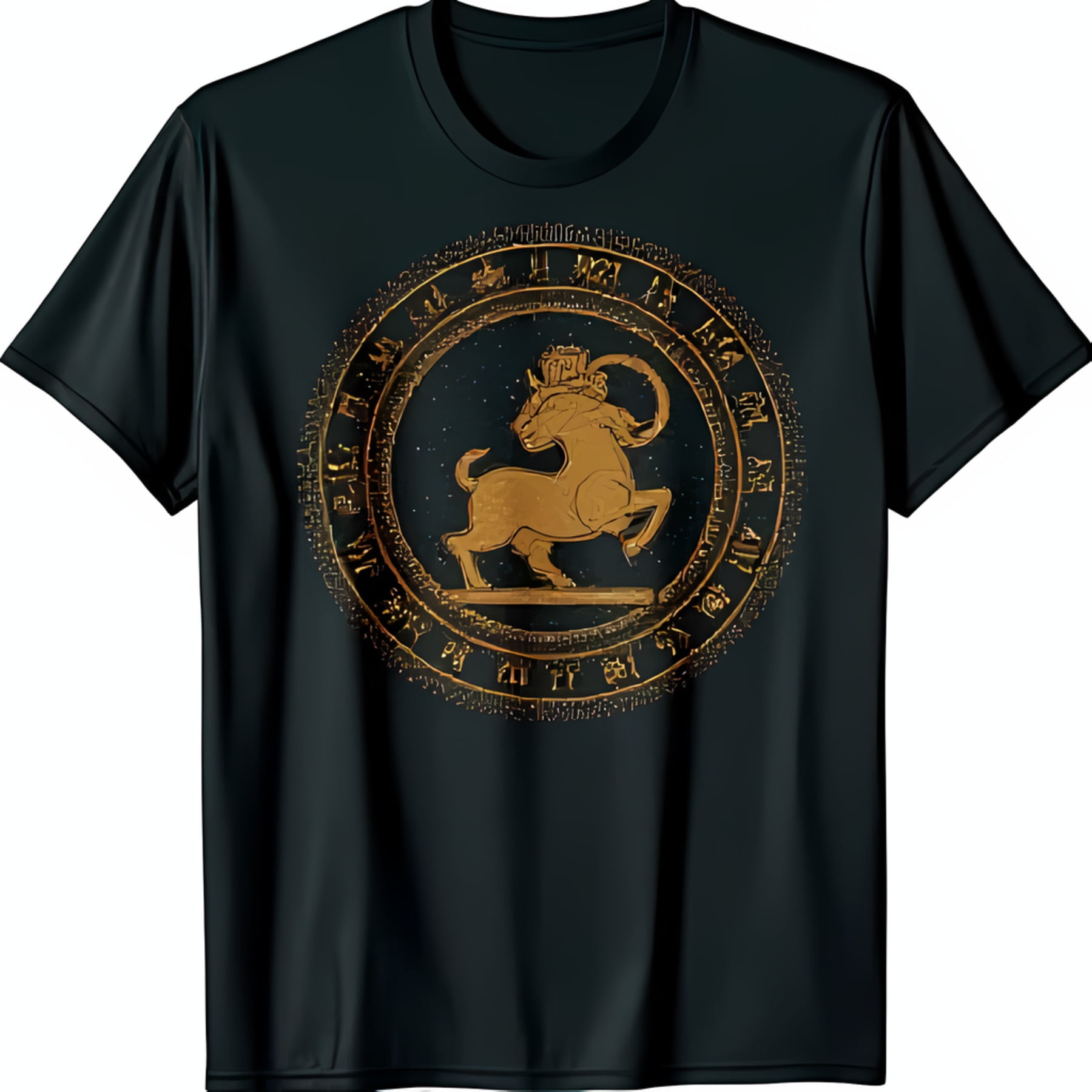 Black T-Shirt with Gold Crowned Goat/Deer Design and Ancient Script ...