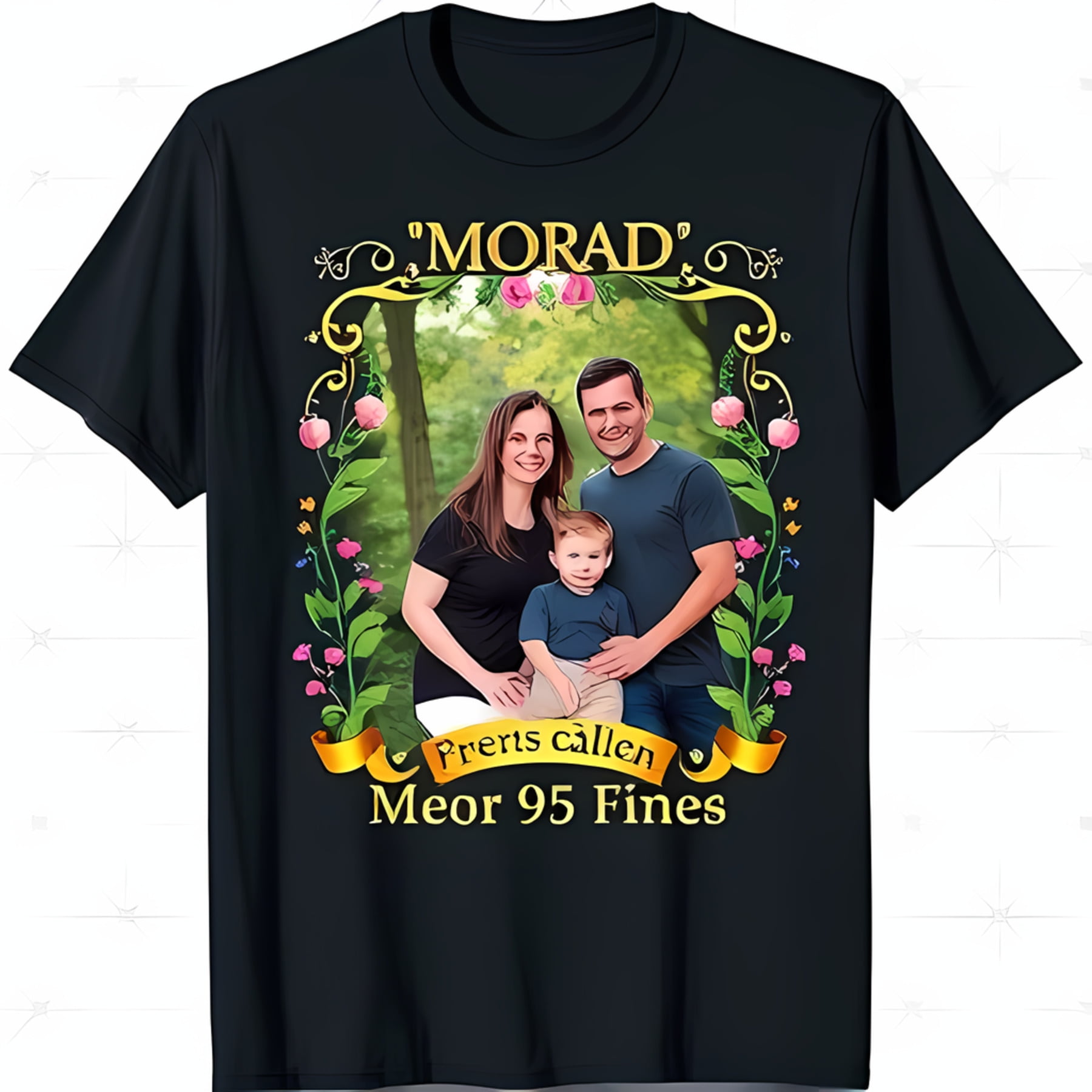 Black T-Shirt with Gold Floral Design & Family Photo 'MORAD' Text ...