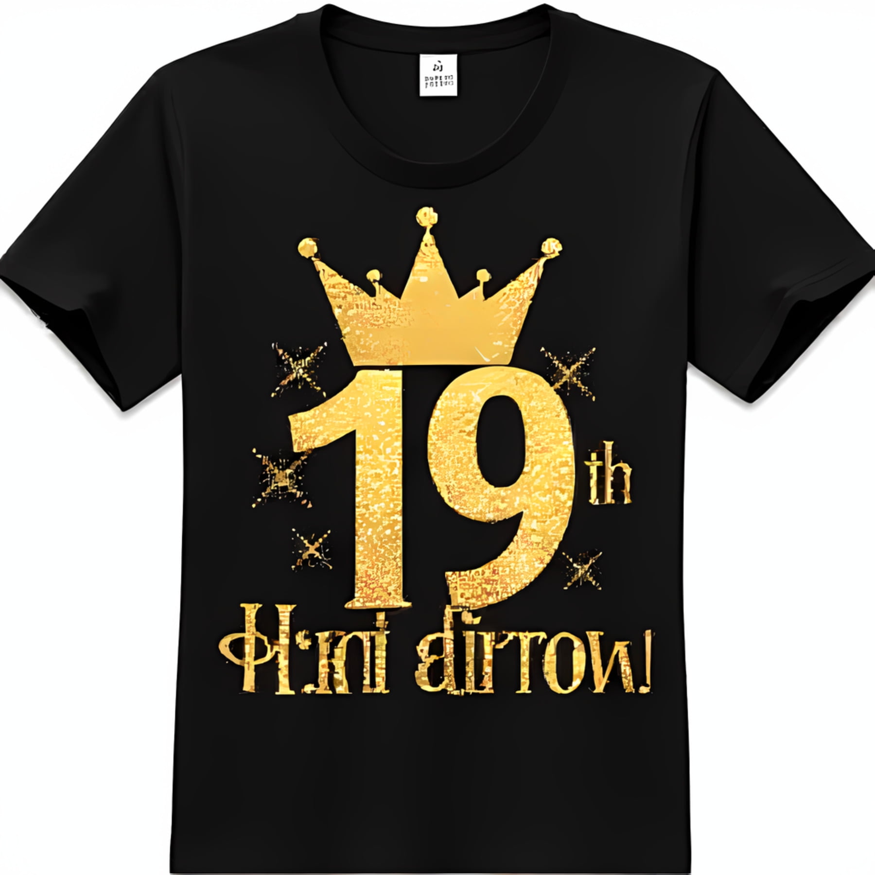 Black T-Shirt with Gold Glitter Crown & '19th Happy Birthday ' Graphic ...