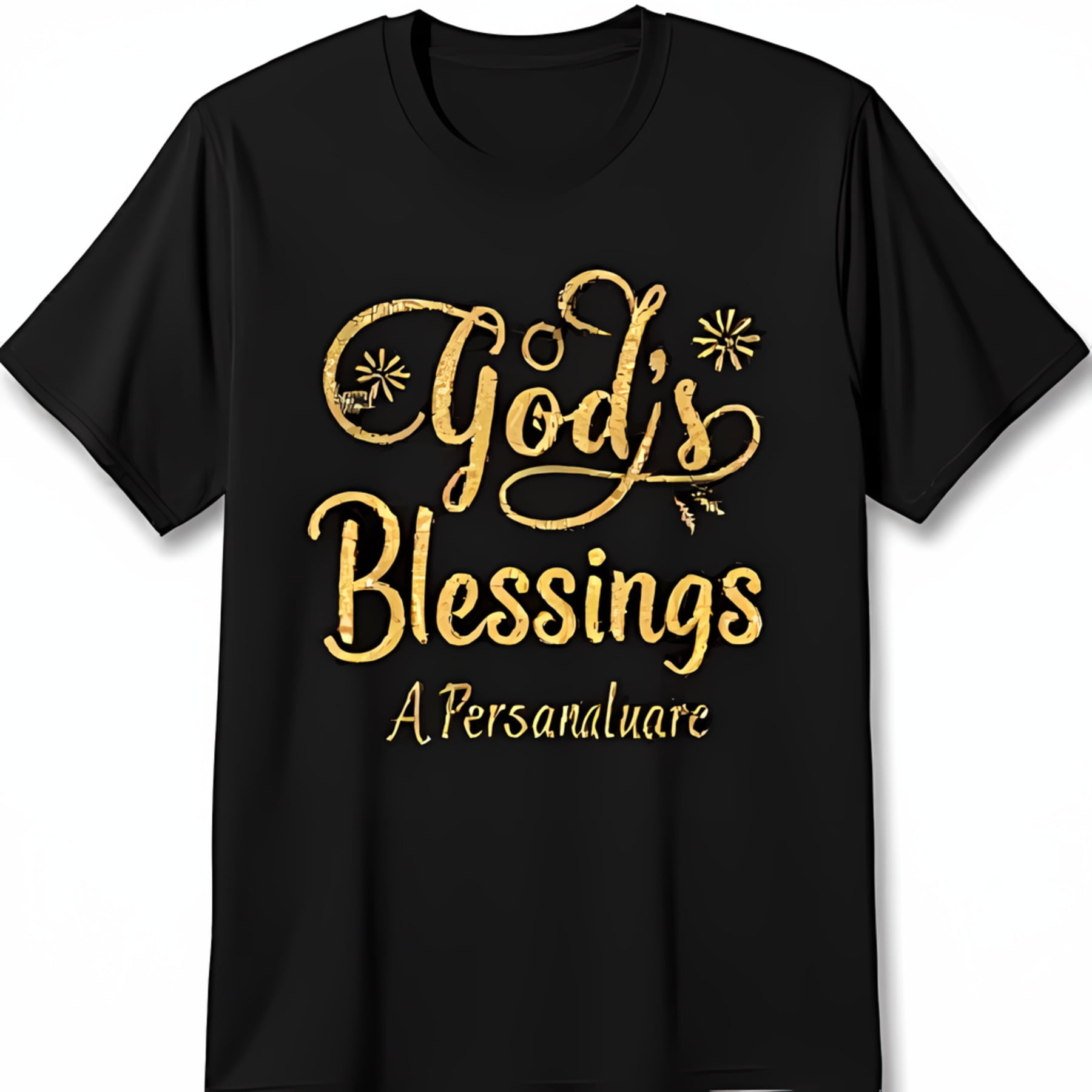 Black T-Shirt with Gold Glitter God's Blessings Cursive Design & Stars ...