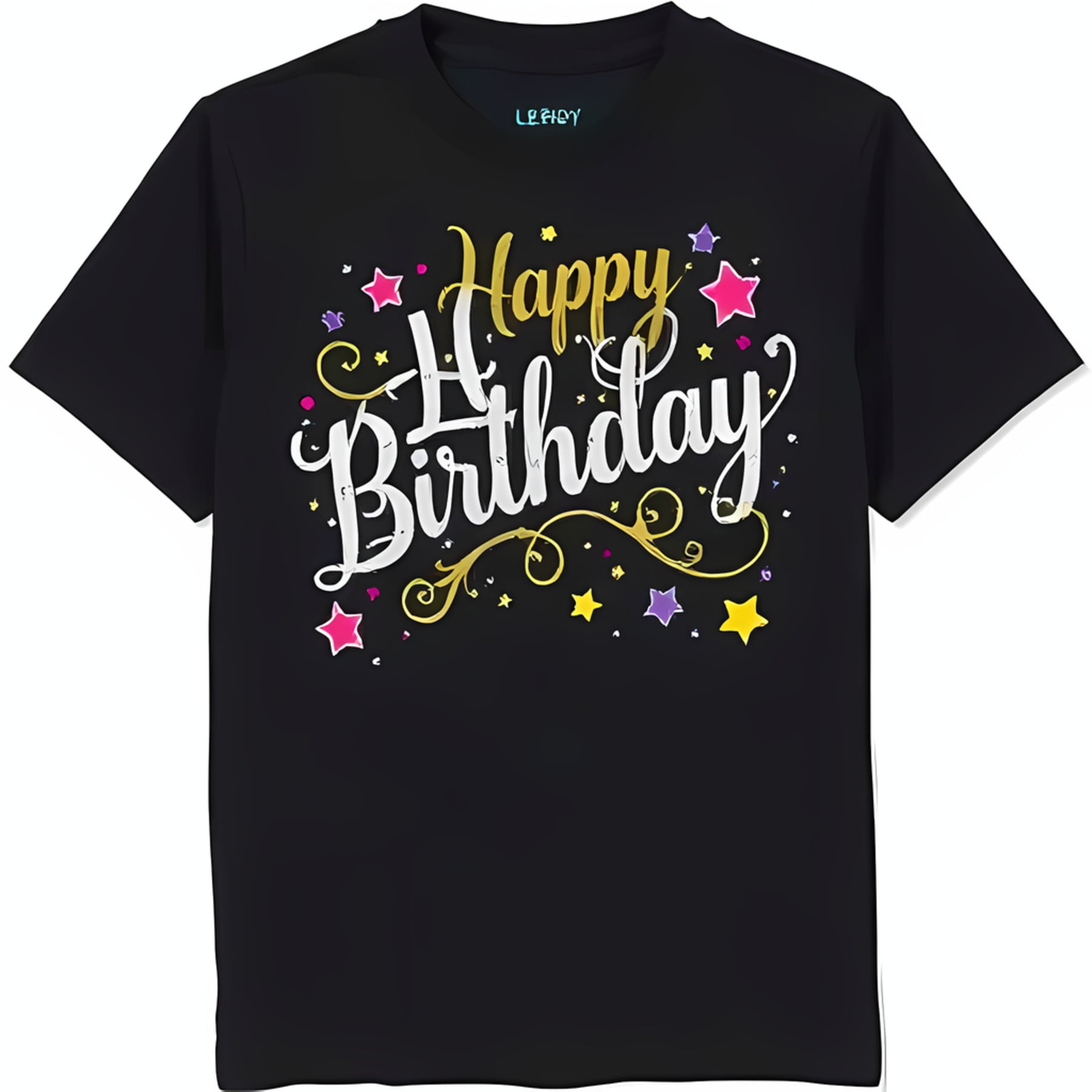 Black T-Shirt with Gold Glitter 'Happy Birthday' Design Cursive Font ...