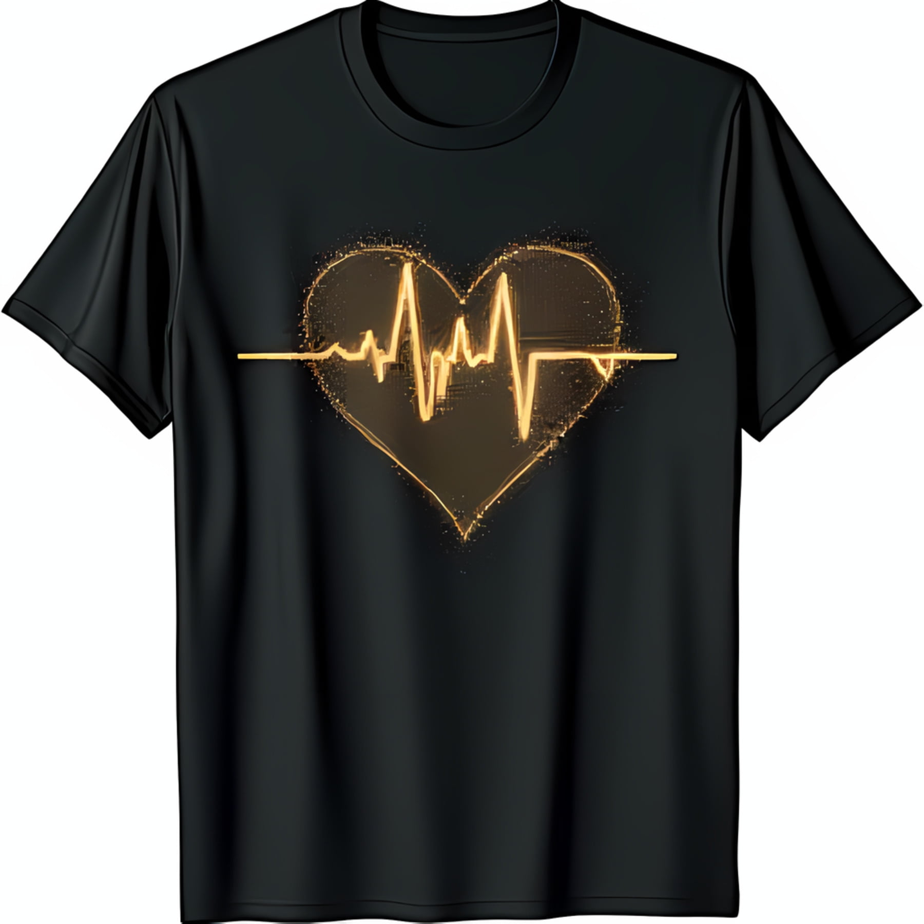Black T-Shirt with Gold Glitter Heart & EKG Line Design Casual Everyday ...
