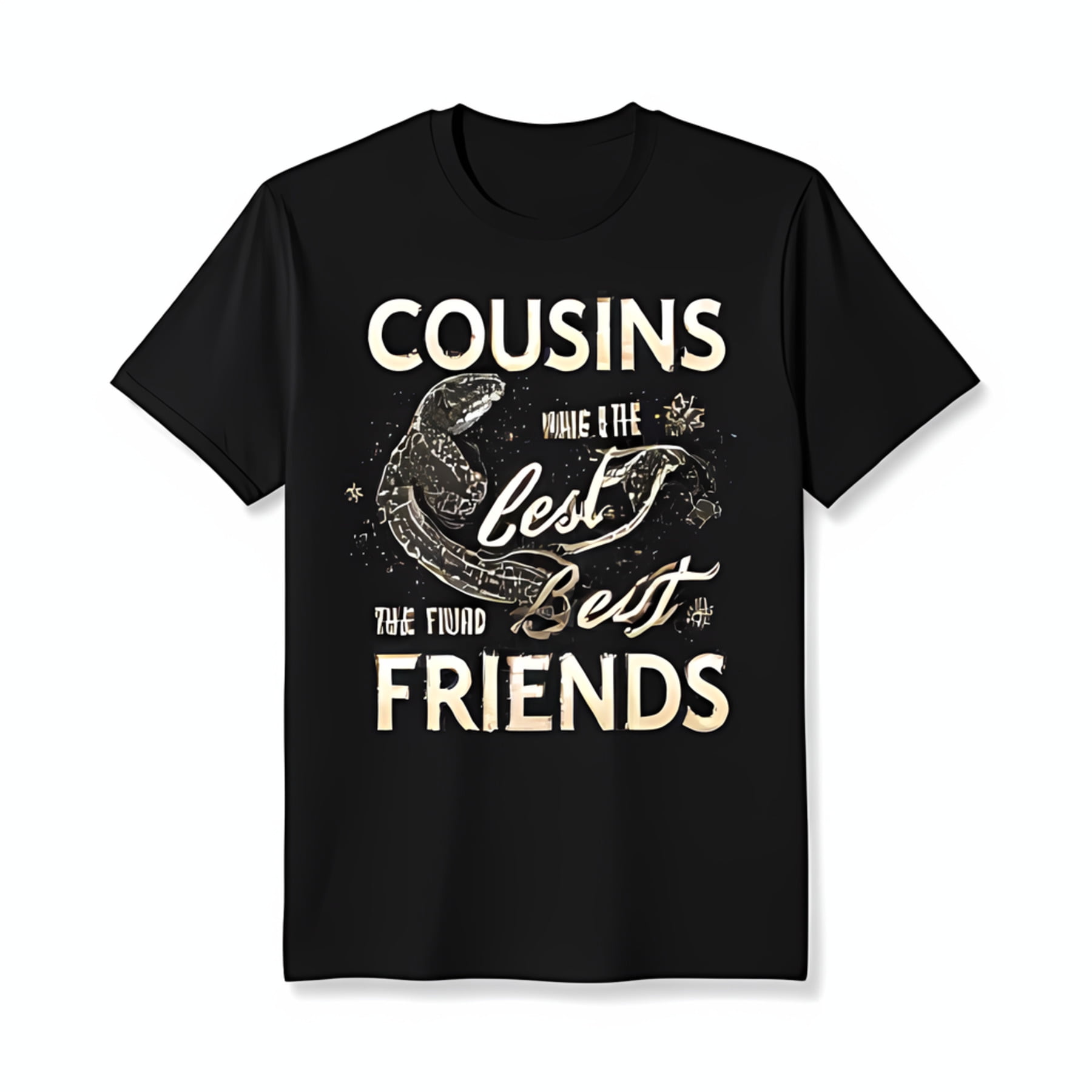 Black T-Shirt with Gold Graphic: 'Cousins the Best Friends ...