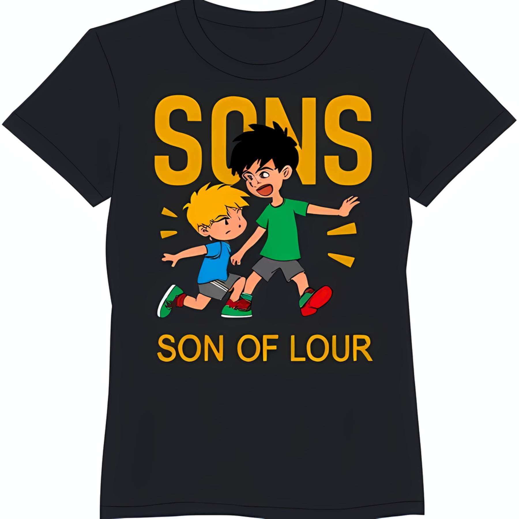 Black T-Shirt with Gold Graphic of Cartoon Playing 'SONS' & 'SON OF ...