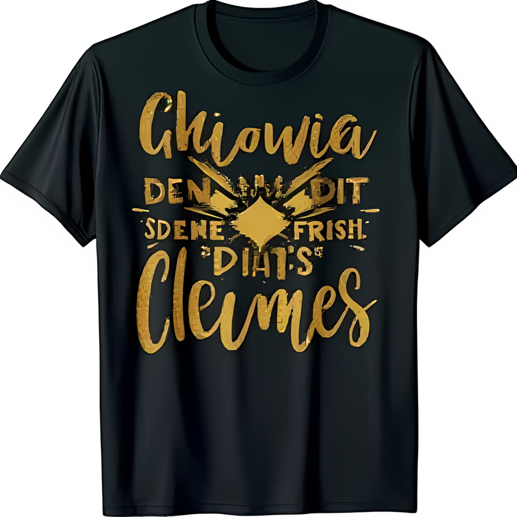 Black T-Shirt with Gold Hand Lettered Design: 'Chiewia Den wa Dit Sdene ...
