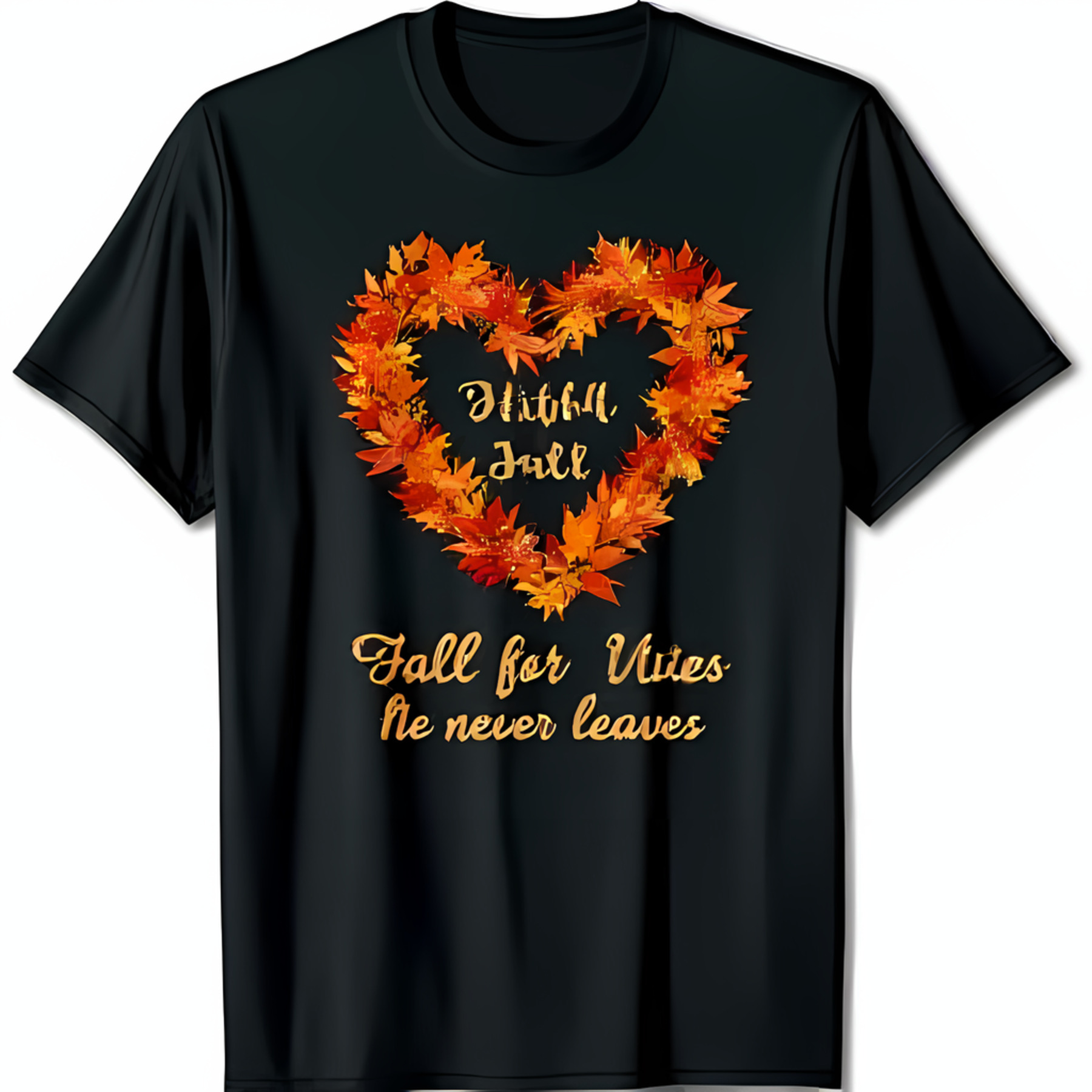 Black T-Shirt with Gold Heart Design Made of Fall Leaves 'Hitbull Fall ...