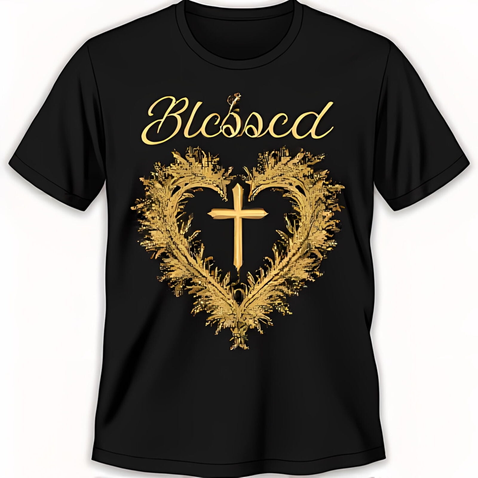 Black T-Shirt with Gold Leaf Heart Design & Blessed Script - Walmart.com
