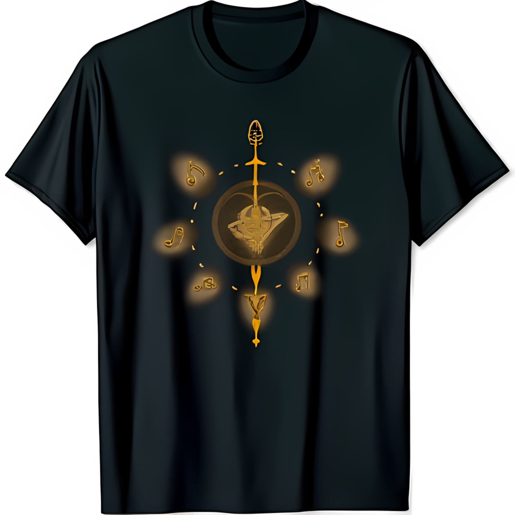 Black T-Shirt with Gold Musical Design & Stylized Unique Medieval ...
