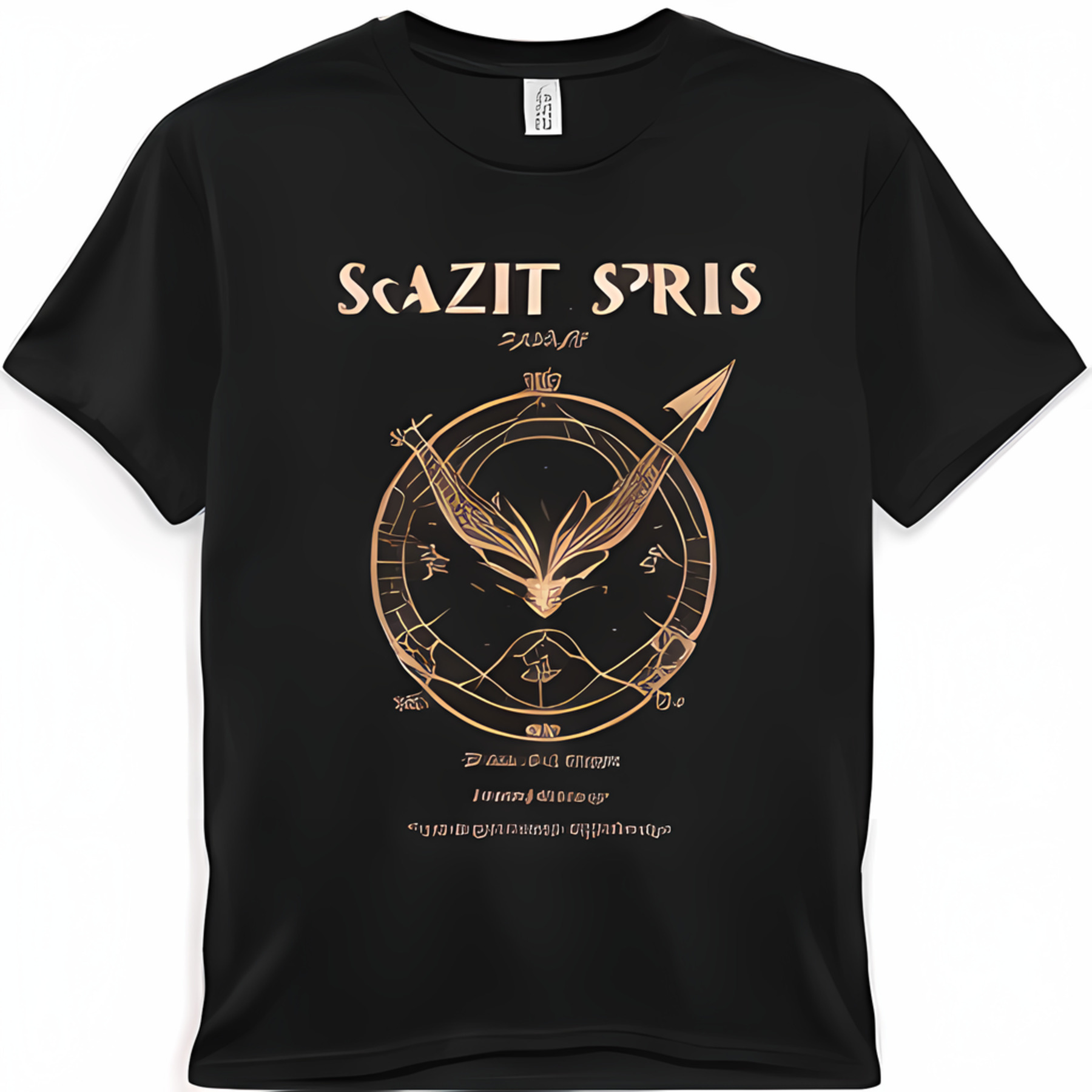 Black T-Shirt with Gold Mystical Symbol 'SAZIT' in 'sia Style Print ...