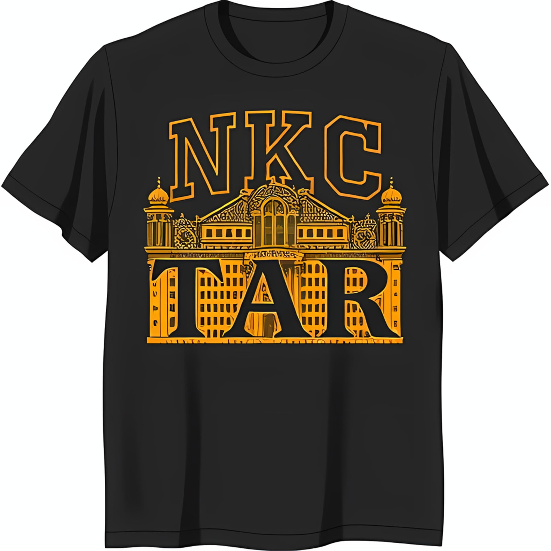 Black T-Shirt with Gold 'NKC TAR' Design & Illustrated Building with ...