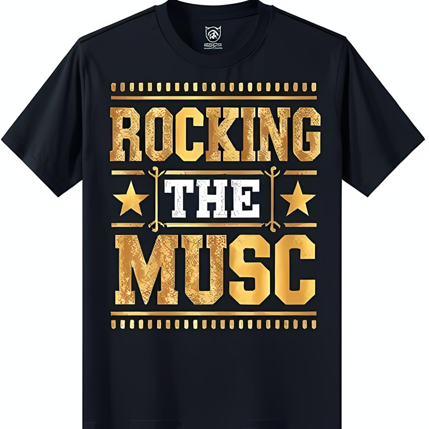 Black T-Shirt with Gold 'ROCKING THE MUSC' Graphic Design & Circle ...