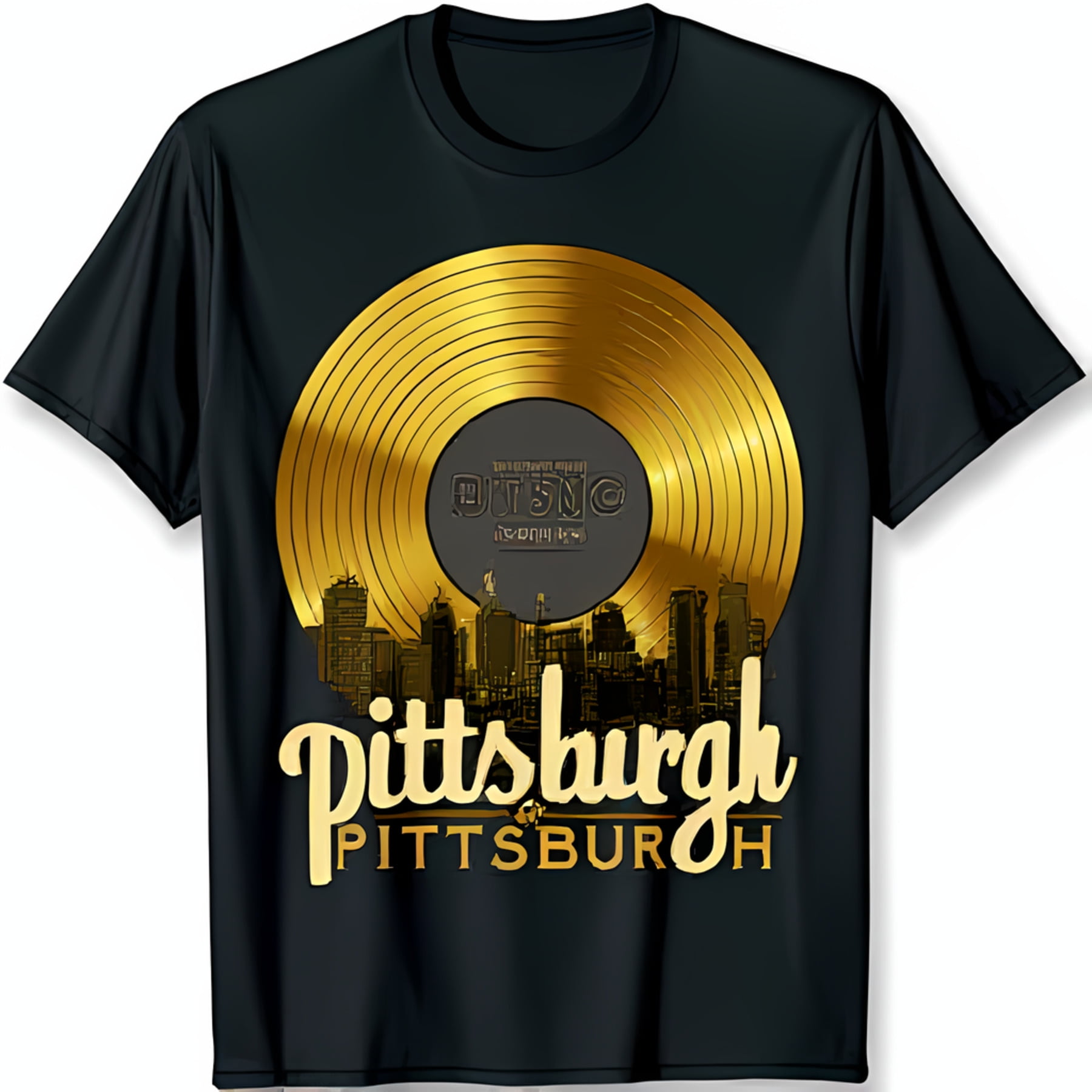Black T-Shirt with Gold Record Design and Pittsburgh - Walmart.com