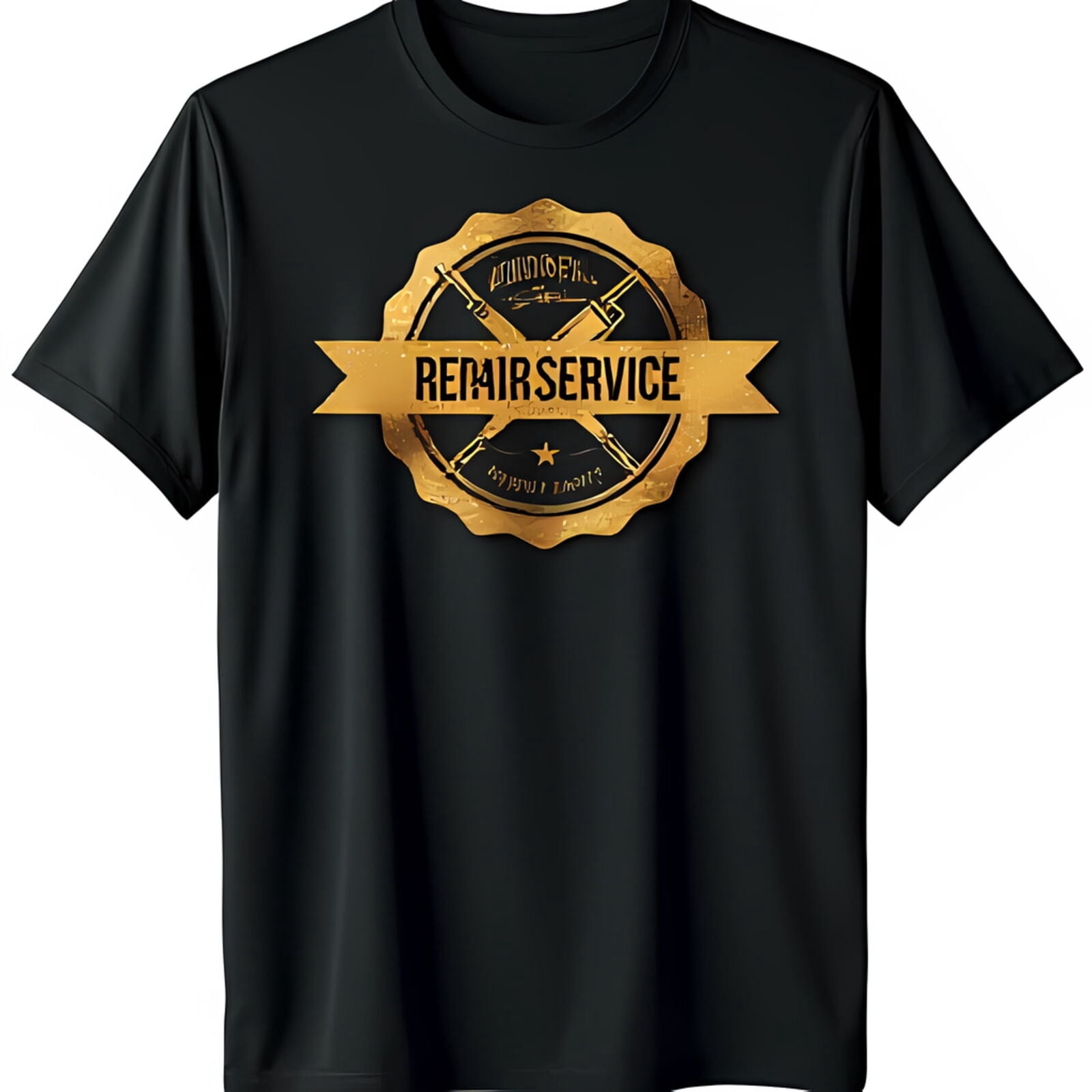 Black T-Shirt with Gold Repair Service & Crossed Screwdrivers Design ...
